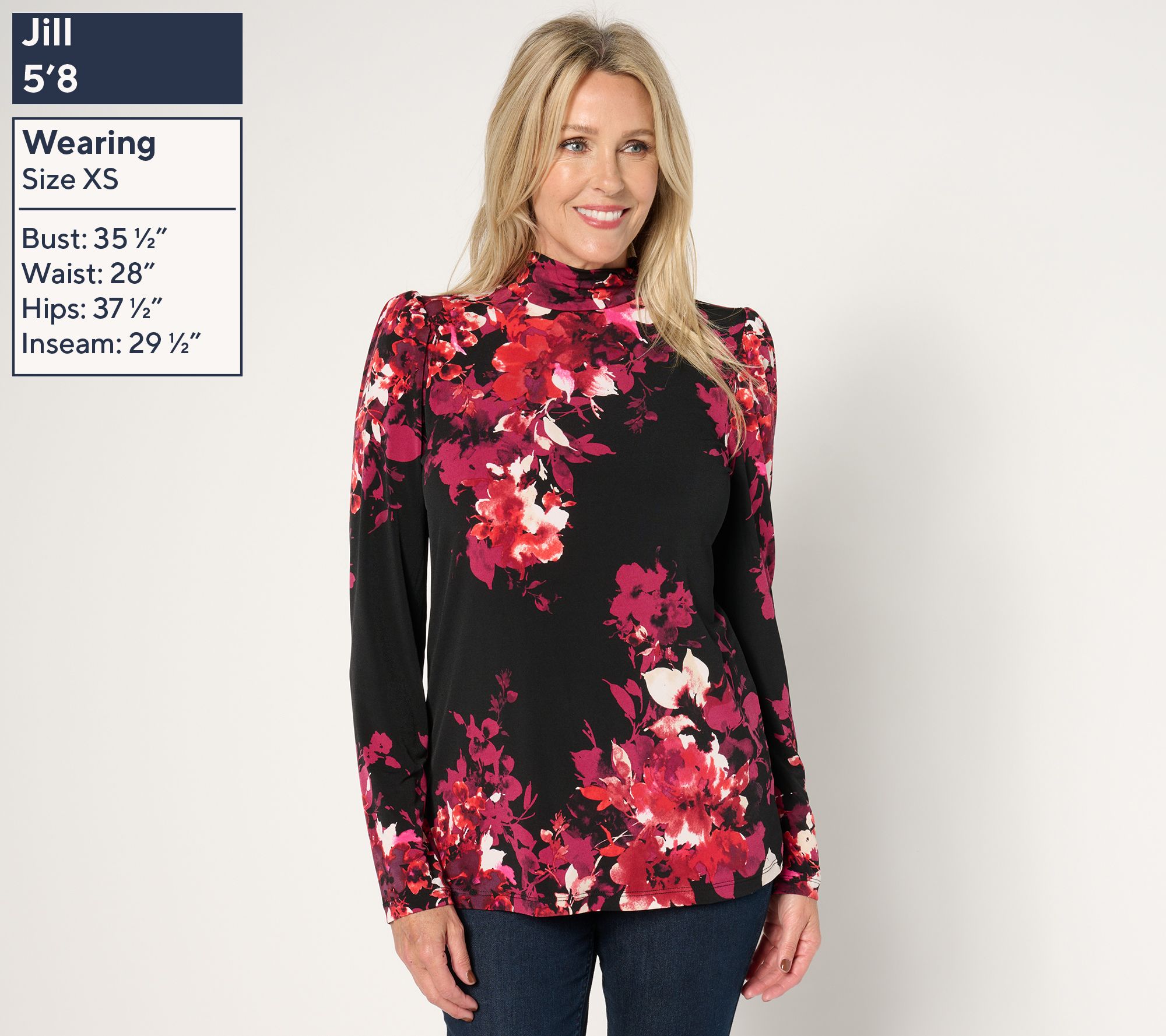 Susan Graver Printed Liquid Knit Puff Sleeve Mock Neck Top - QVC.com