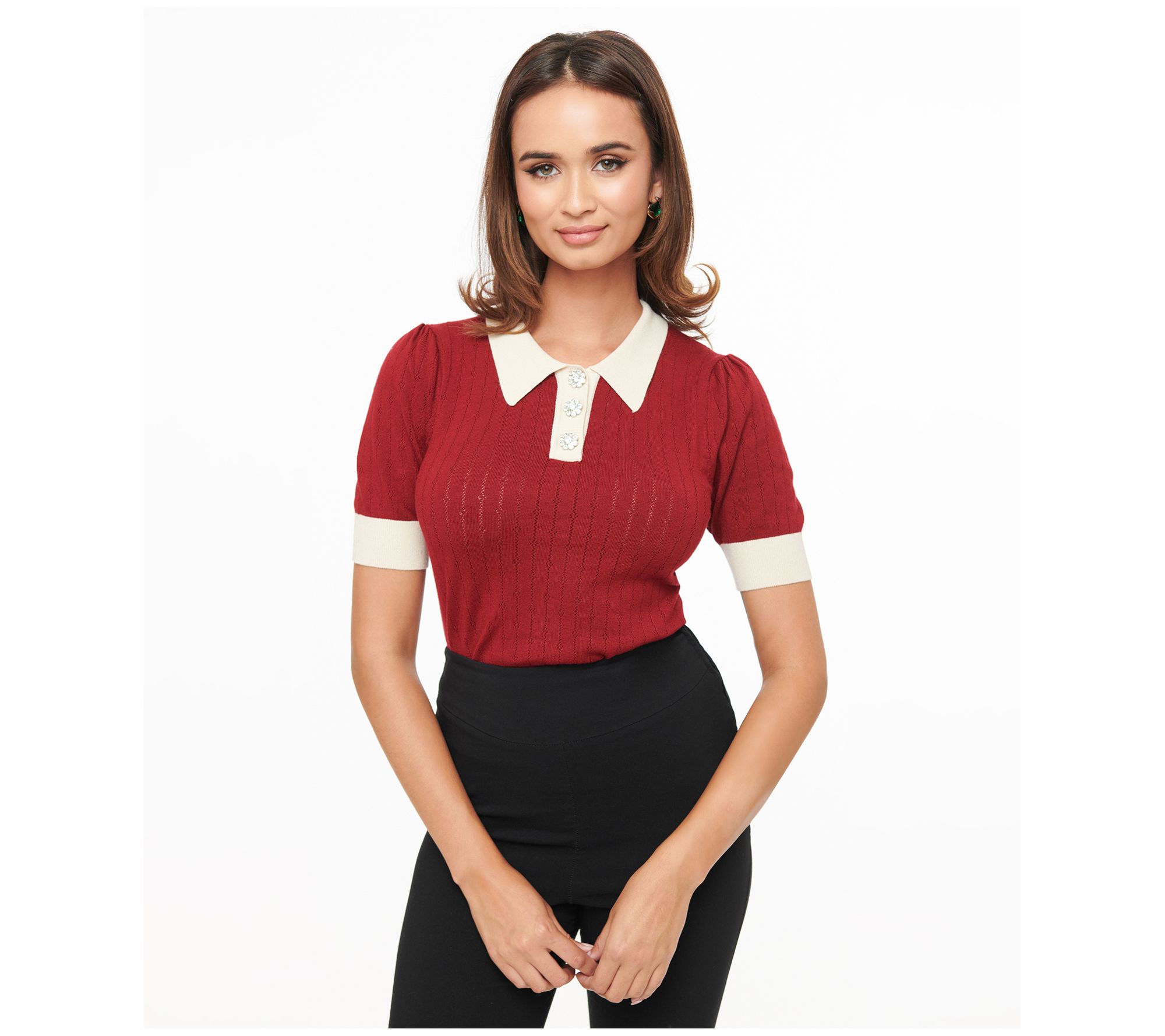 Unique Vintage Short Sleeve Polo Sweater w/ Rhinestone Buttons - QVC.com