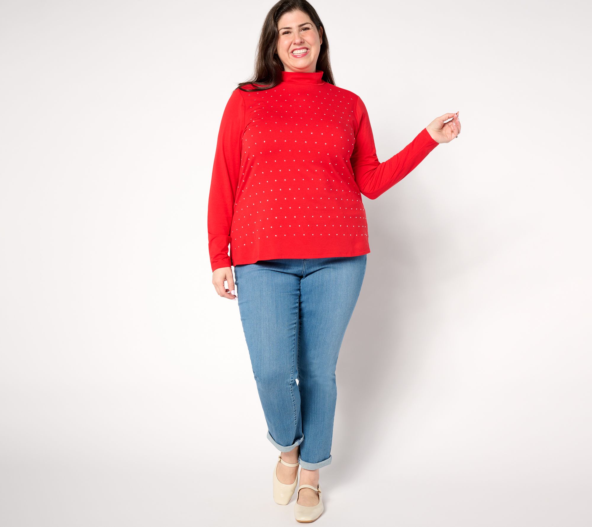 Studio Park X Jane Treacy Mock Neck Rhinestone Knit Top - QVC.com