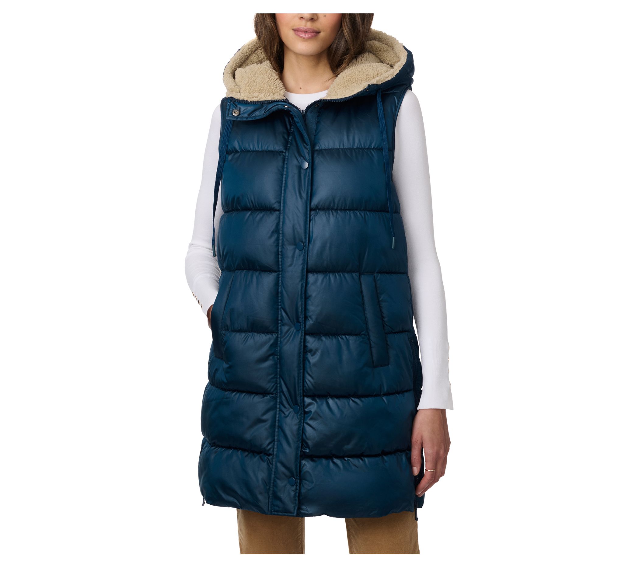 Bernardo Mid-Length Puffer Vest with Sherpa-Lined Hood - QVC.com