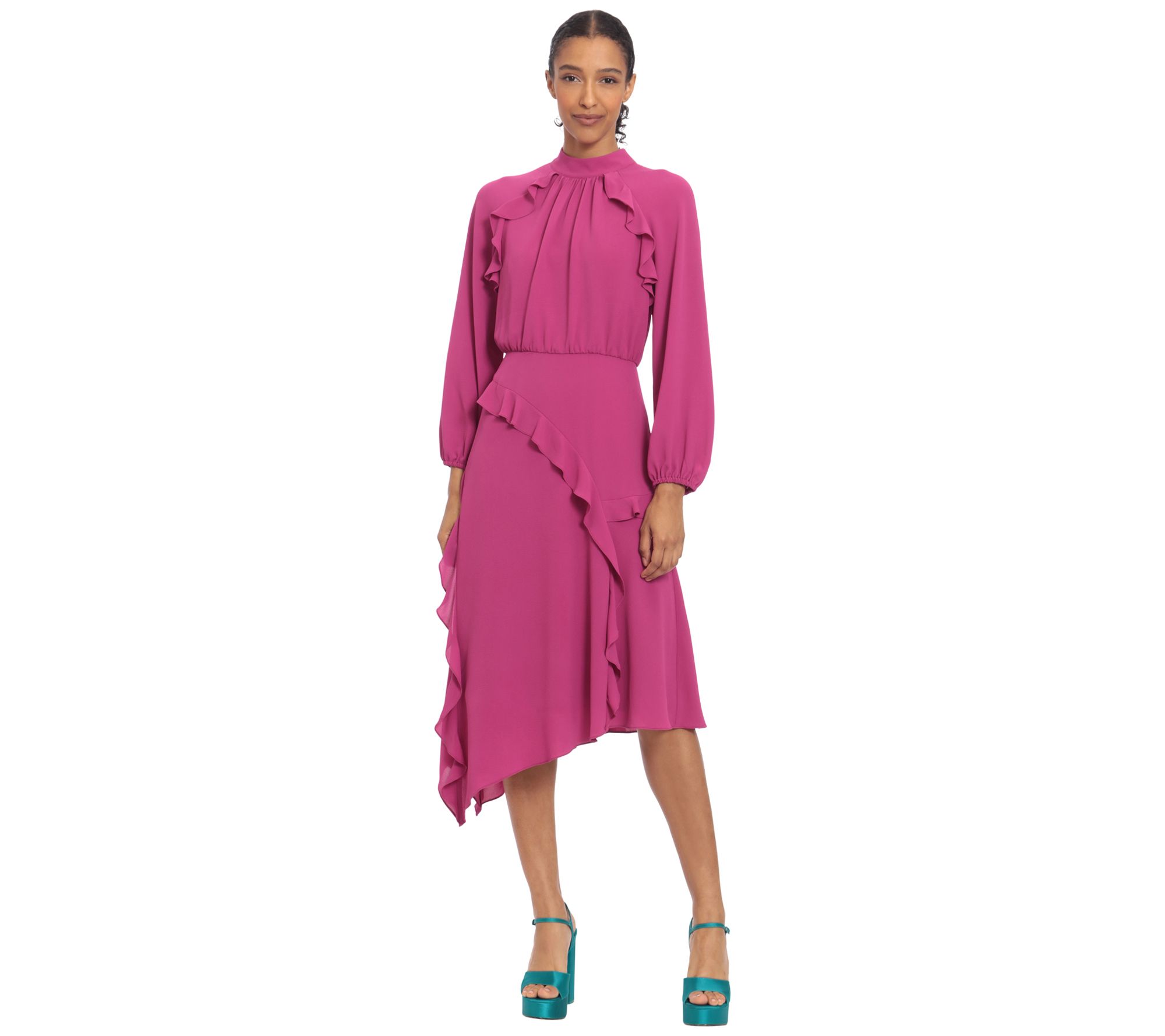 Donna Morgan High-Neck Long-Sleeve Ruffle Detail Midi Dress - QVC.com