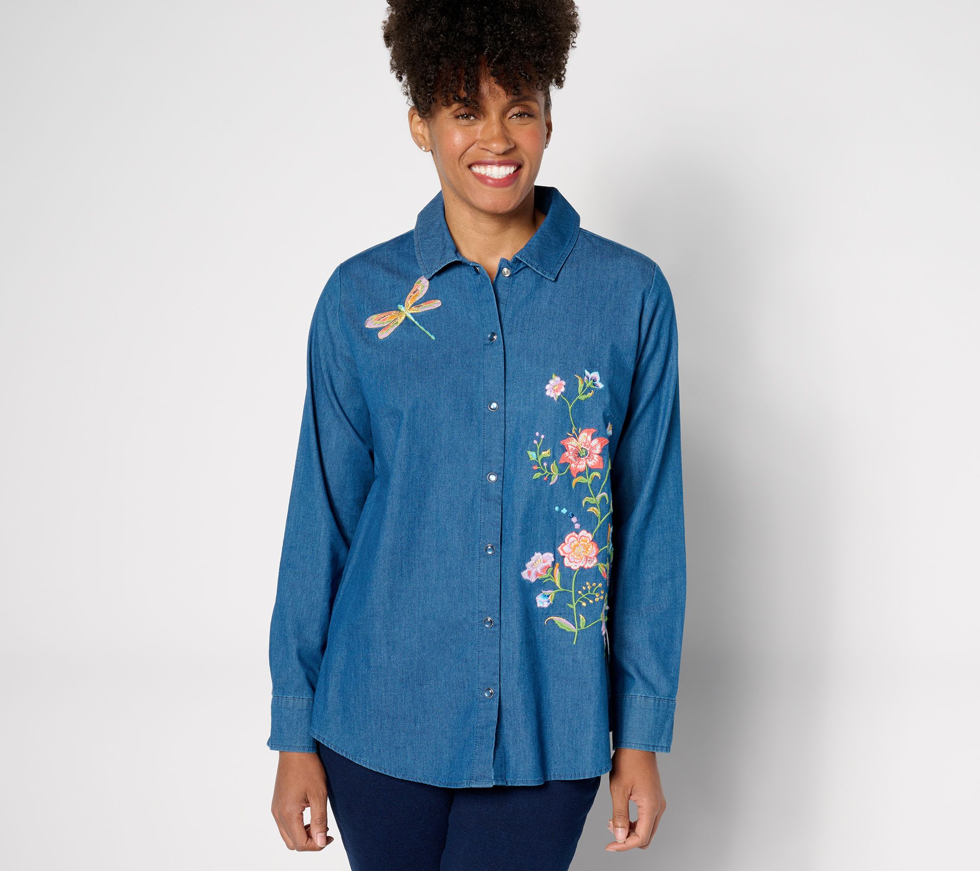"As Is" Quacker Factory Wildflower Long Sleeve Denim Shirt - QVC.com