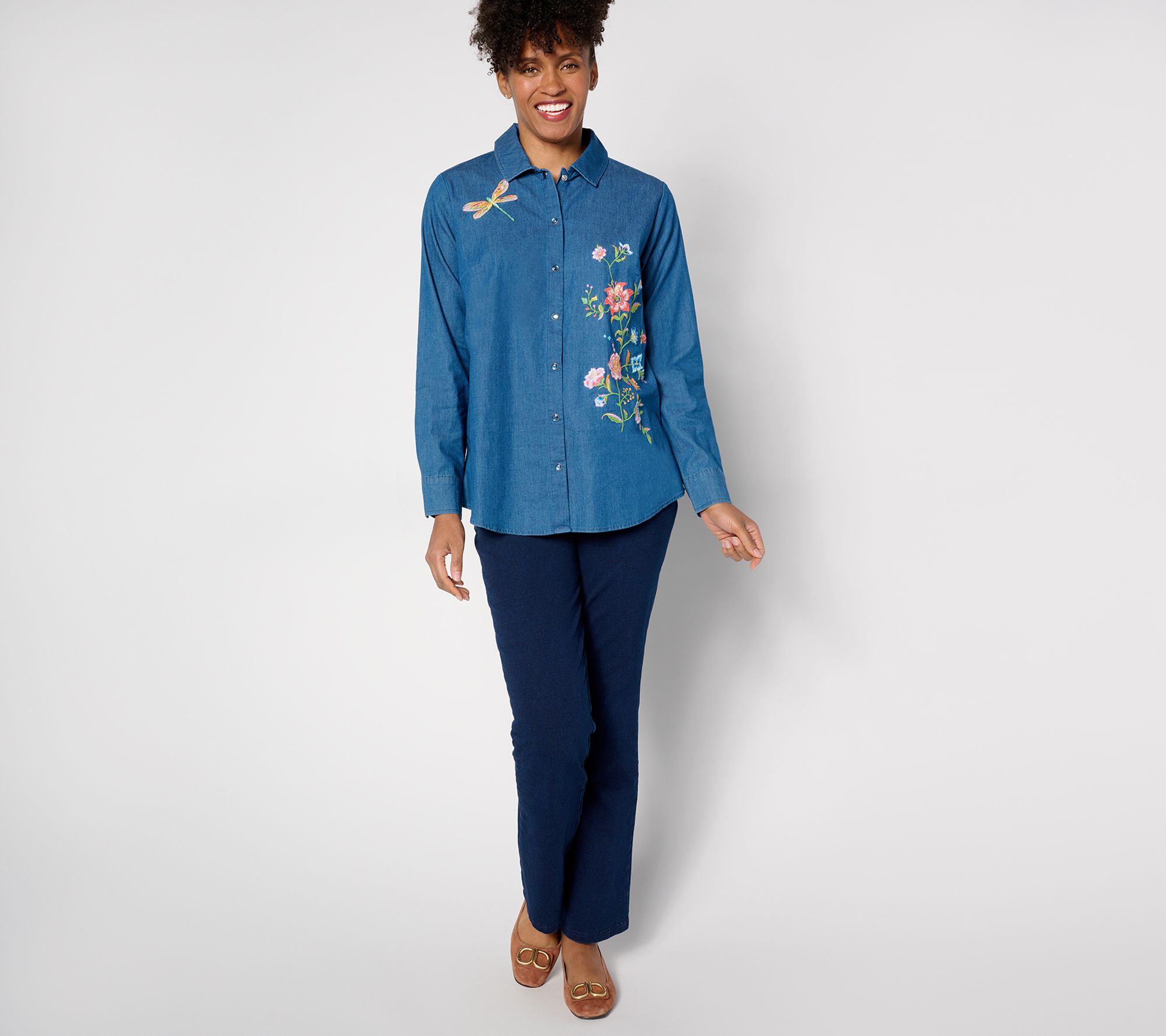 "As Is" Quacker Factory Wildflower Long Sleeve Denim Shirt - QVC.com