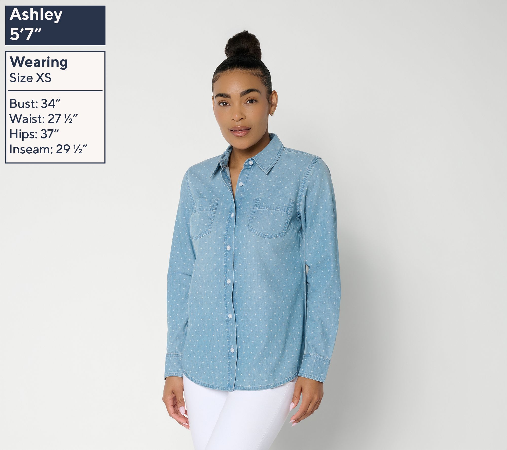 Denim & Co. Denim Polka Dot Button Front Big Shirt - QVC.com