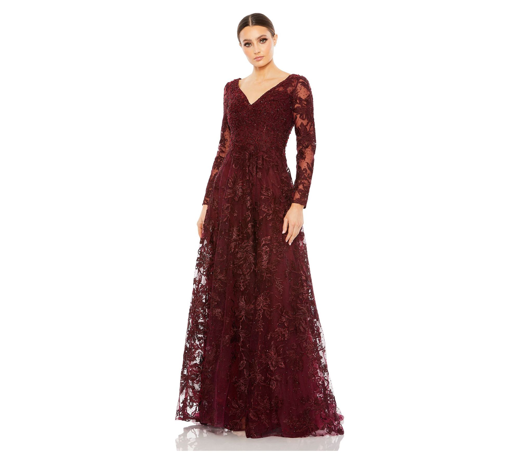 Mac Duggal Mahogany Embellished Long Sleeve V-Neck Gown - QVC.com
