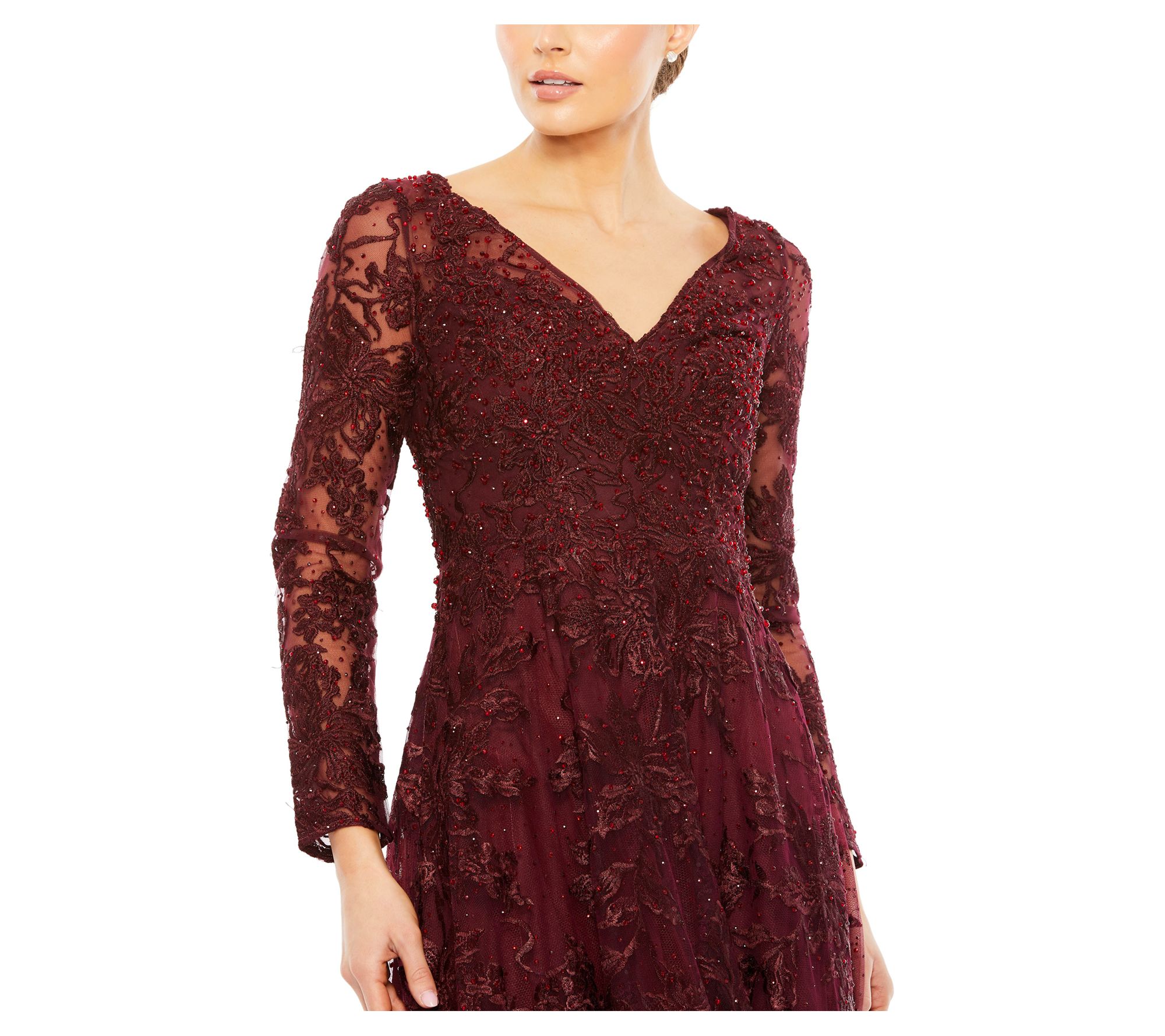 Mac Duggal Mahogany Embellished Long Sleeve V-Neck Gown - QVC.com