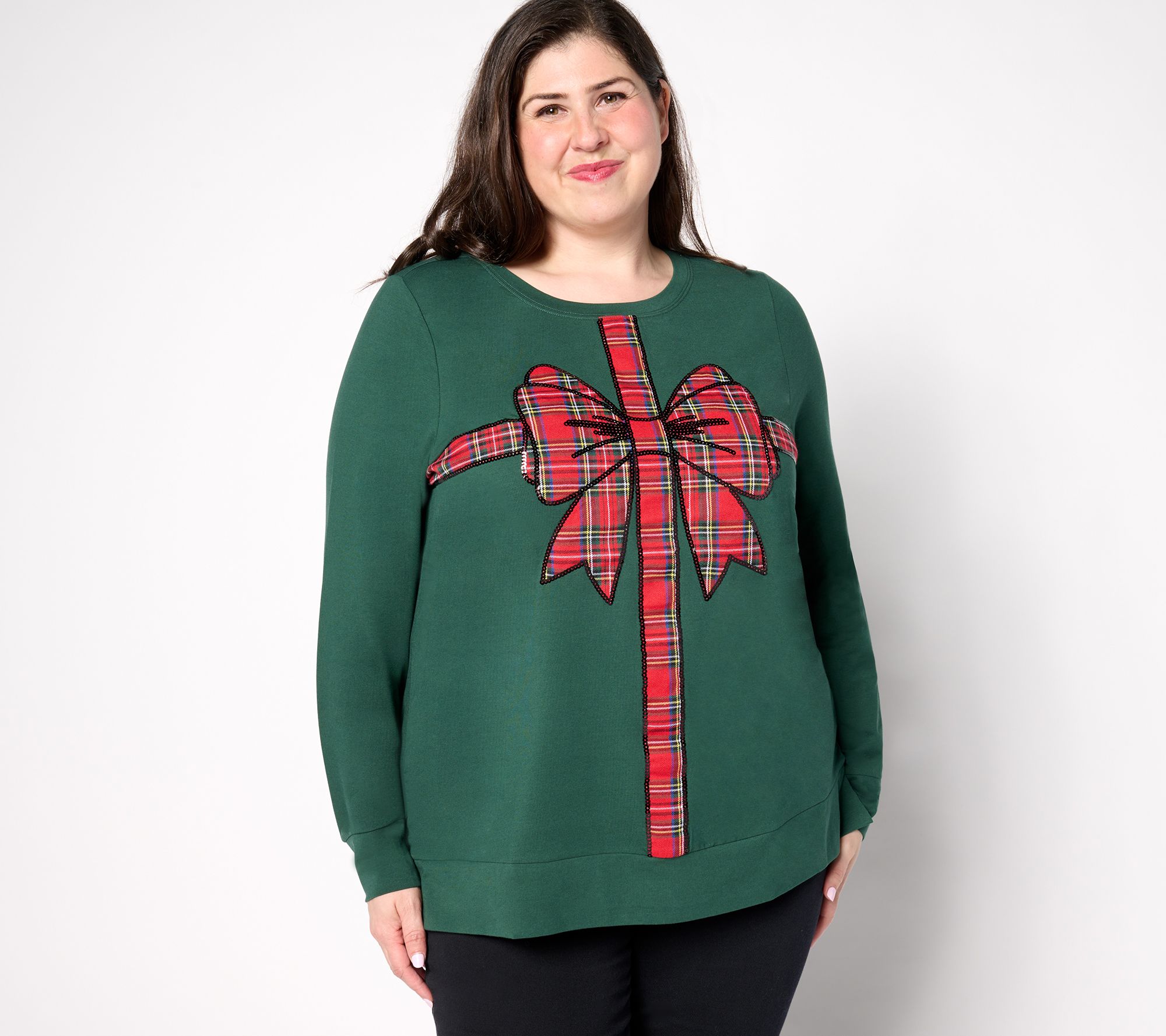 "As Is" Jingle Belles by Kim Gravel TripleLuxe Knit Tartan Bow Top ...