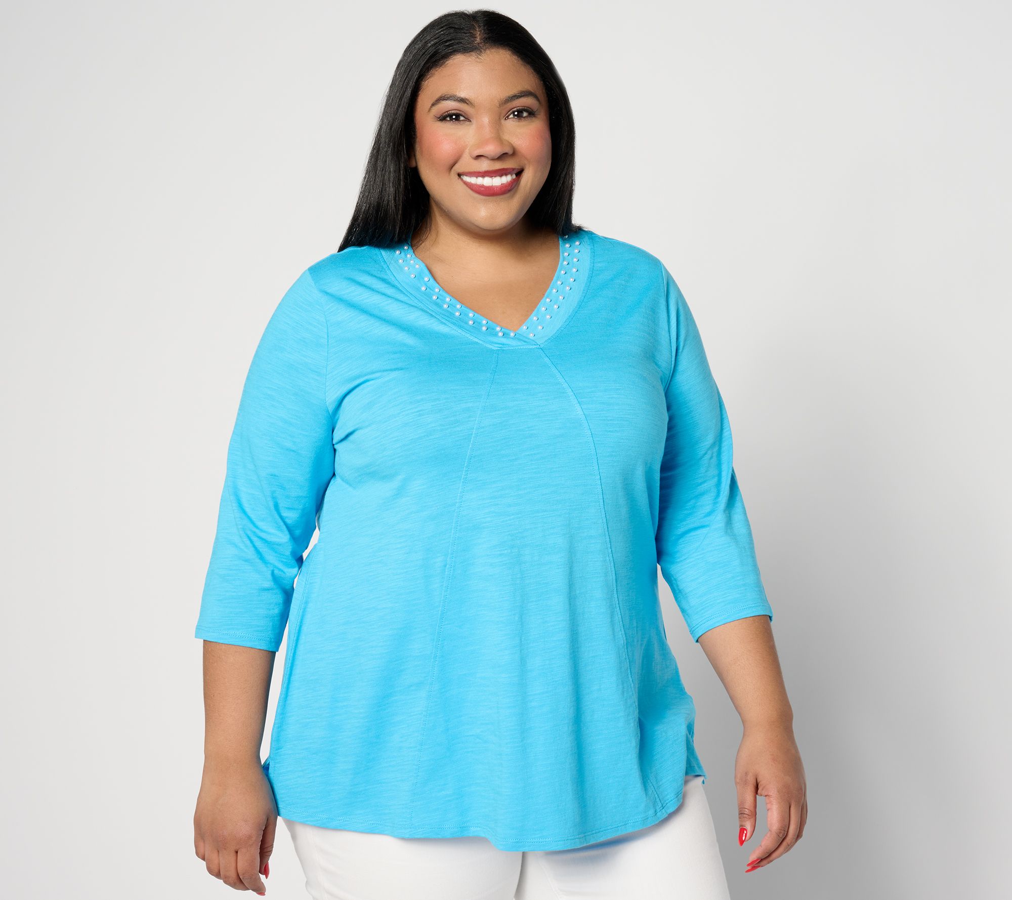 "As Is" Quacker Factory Mini Pearls 3/4 Sleeve Swing Top - QVC.com