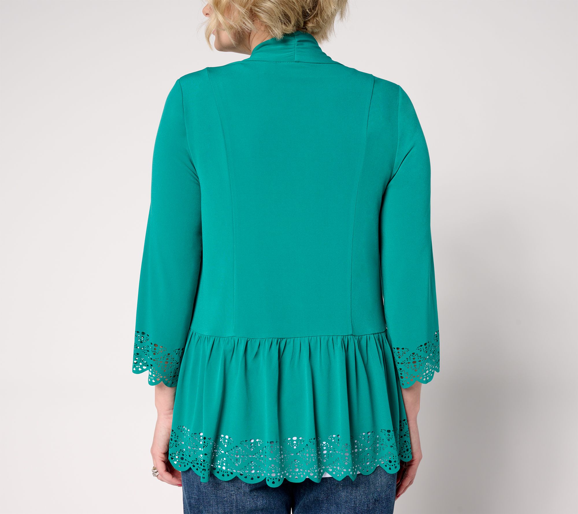 GRAVER Susan Graver Liquid Knit Tiered Laser Cut Cardigan - QVC.com