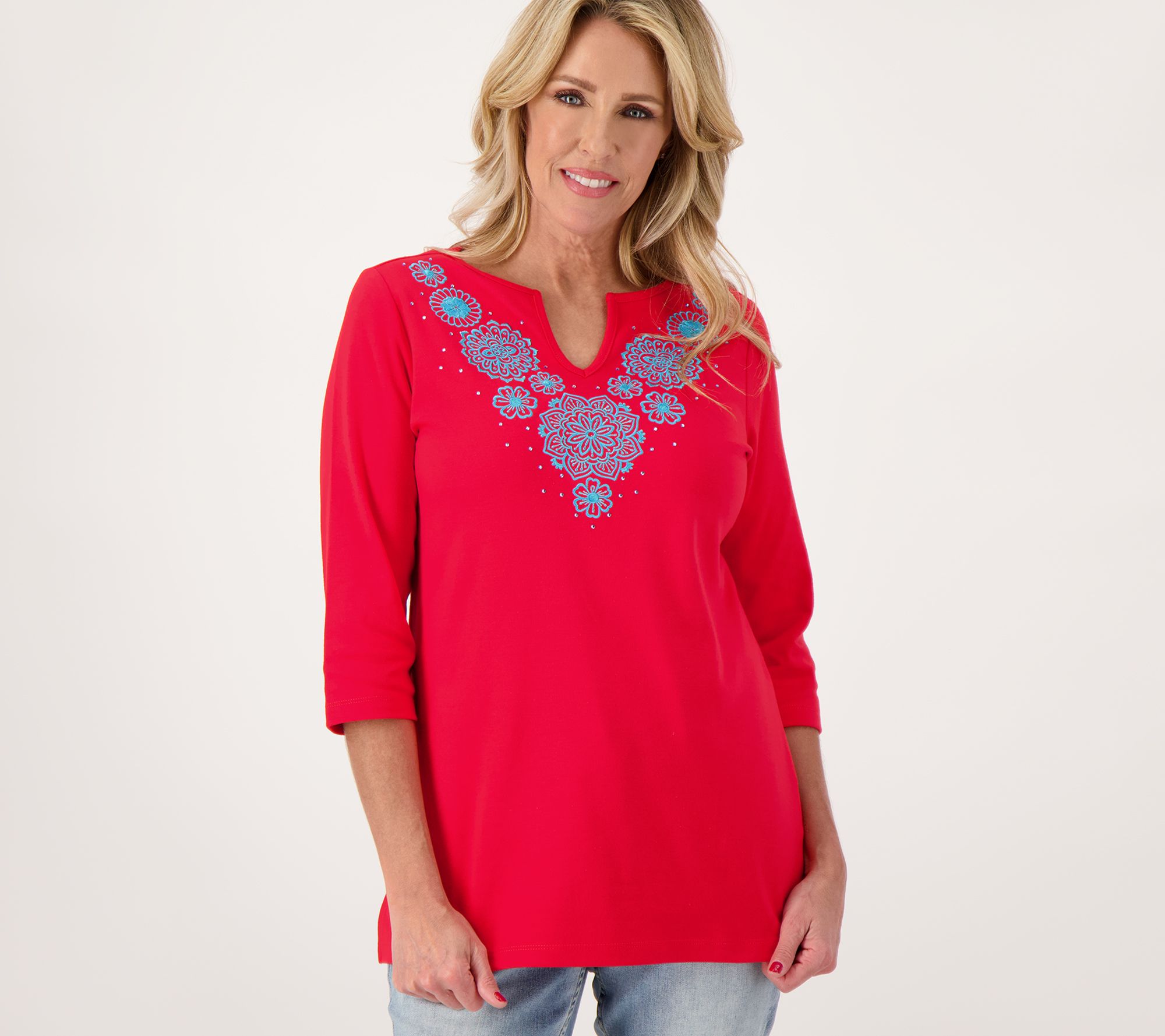 "As Is" Quacker Factory Lace and Stones Split Neck Tunic Top - QVC.com