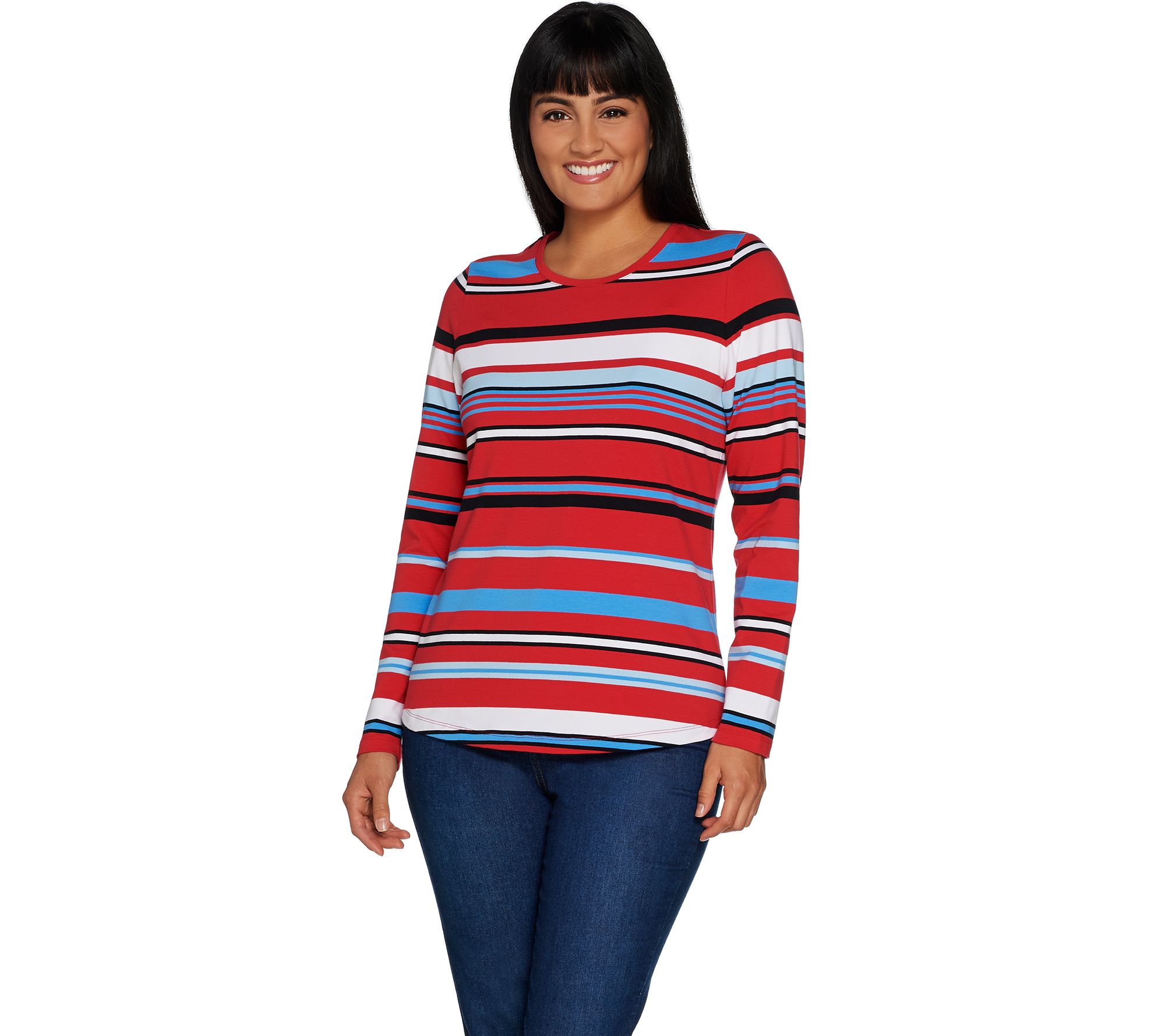 Denim & Co. Active Striped Knit Top with Curved Hemline - QVC.com