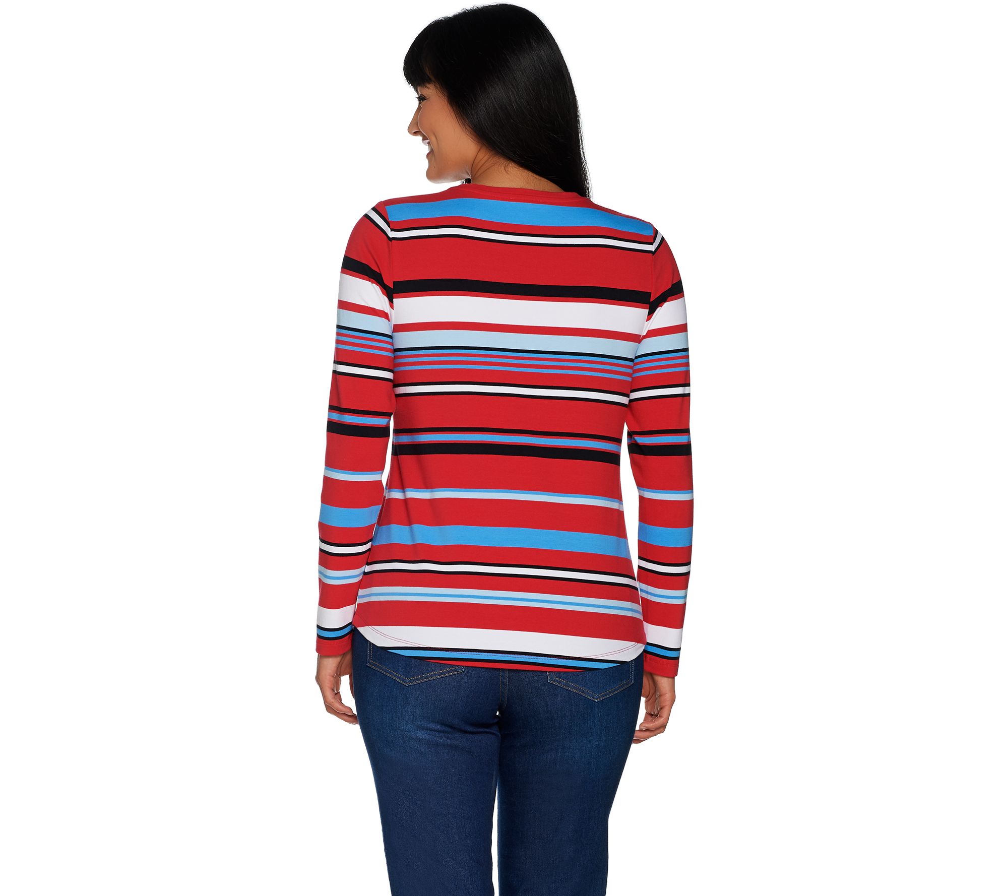 Denim & Co. Active Striped Knit Top with Curved Hemline - QVC.com
