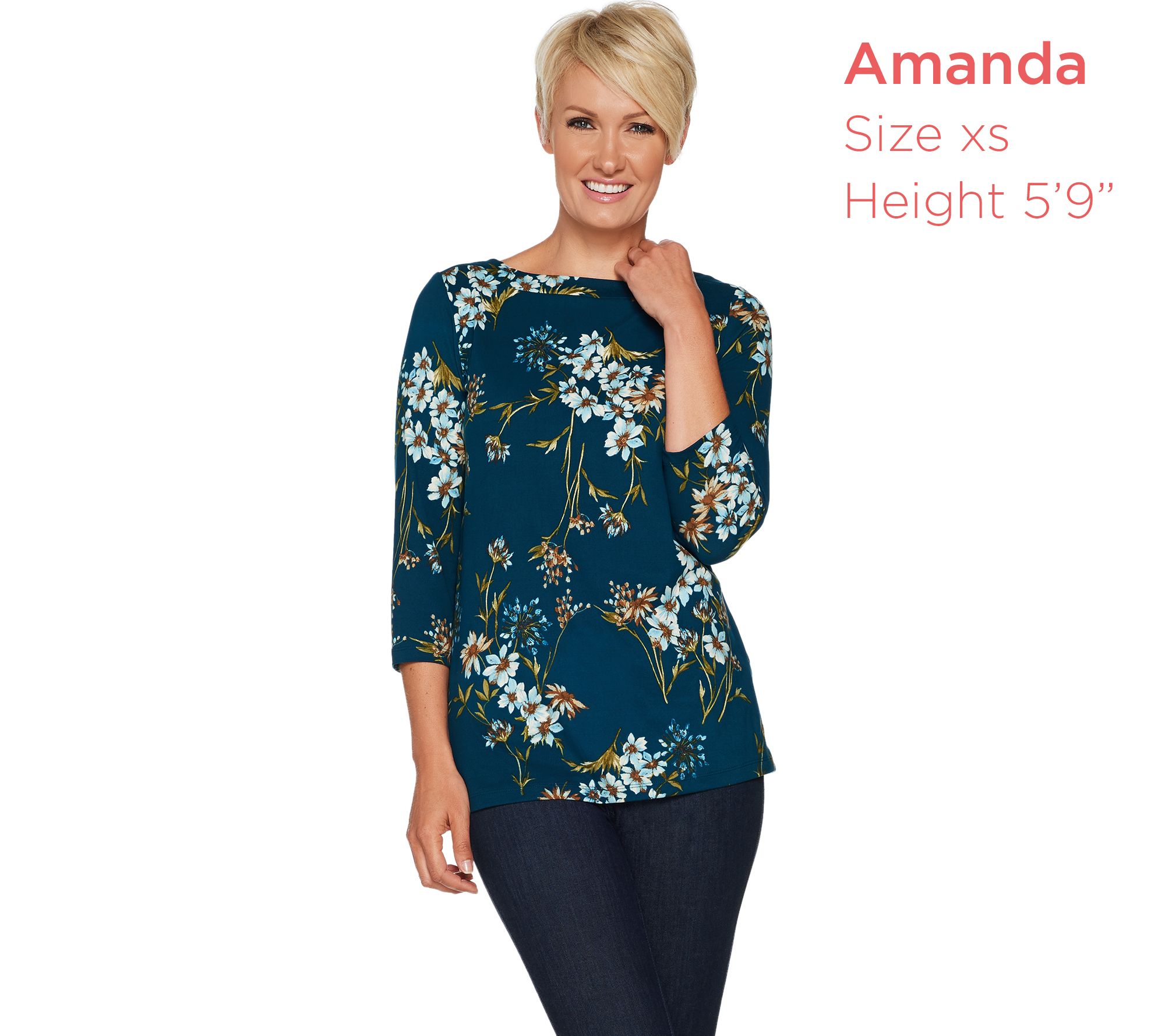 As Is Susan Graver Brushed Printed Liquid Knit Bateau Neck Top