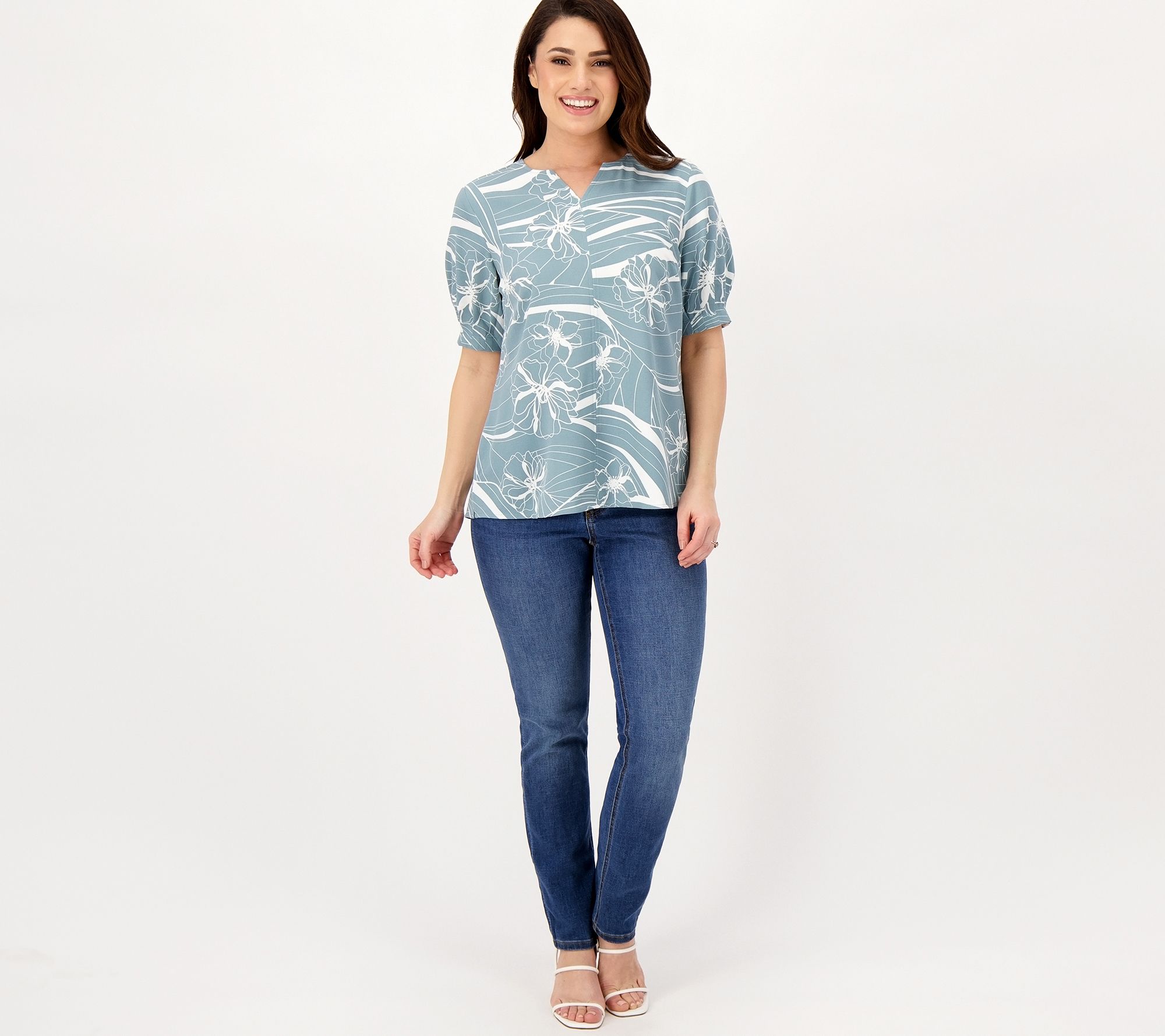 "As Is" Denim & Co. Printed Y-Neck Elbow Sleeve Blouse - QVC.com