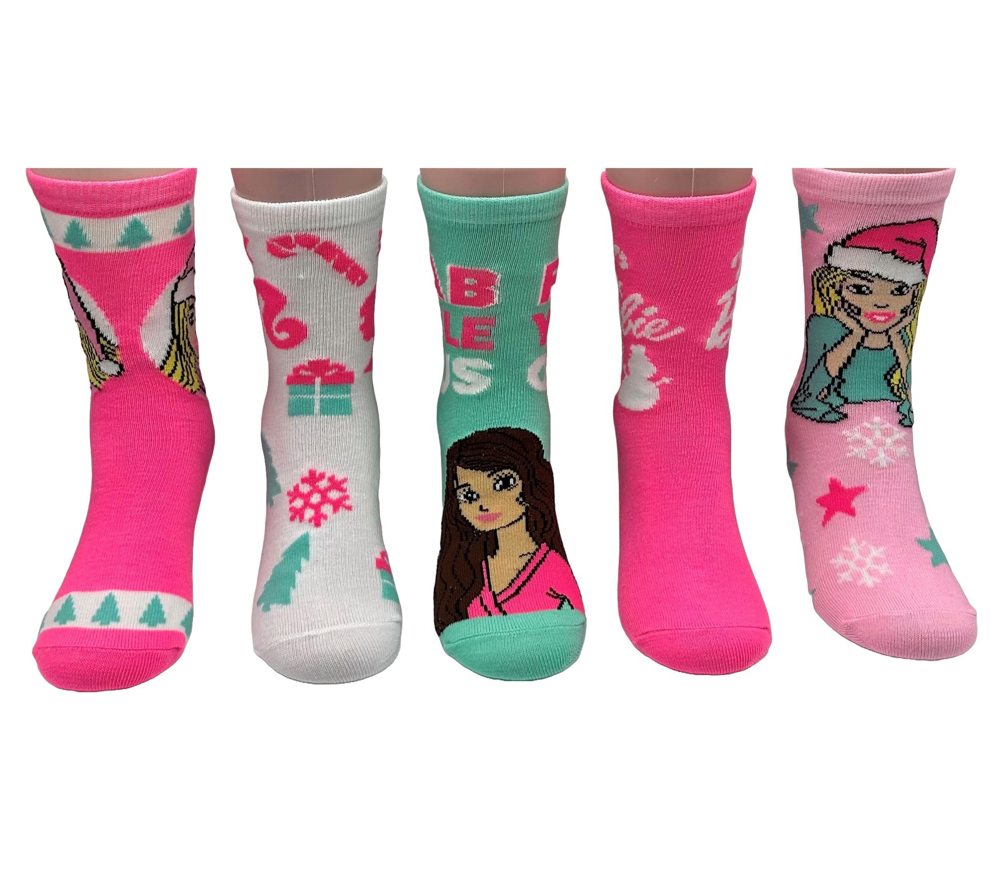 Barbie Girl's Holiday Character Crew Sock Set -5 Pair - QVC.com