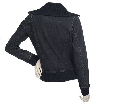 Motto Stretch Denim Bomber Jacket with Knit Trim - QVC.com