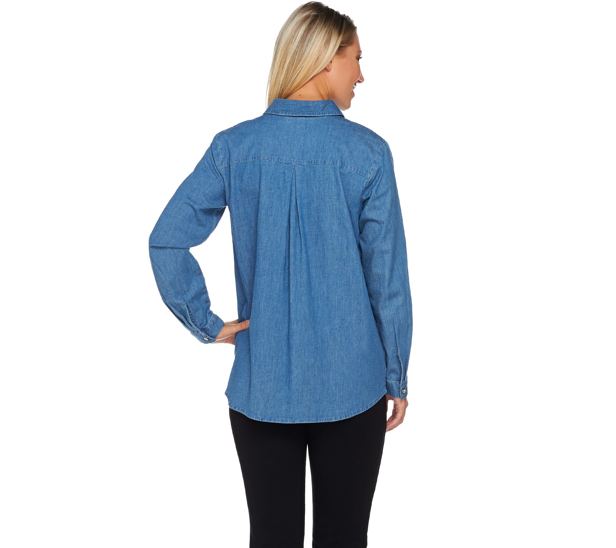 "As Is" Quacker Factory Denim Shirt with Rhinestone Brooch Motif - QVC.com