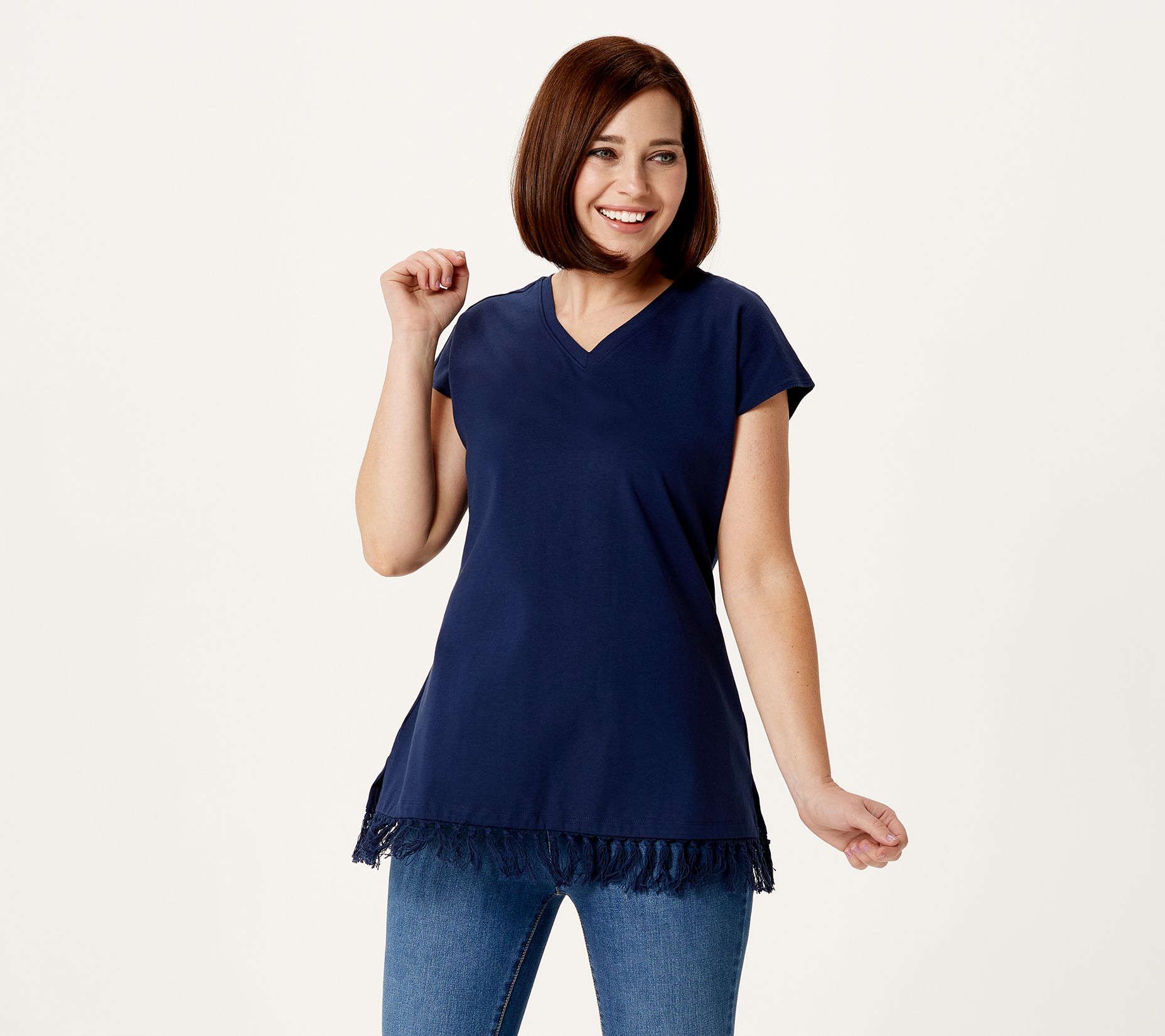 Denim & Co. Petite Jersey V-Neck Tunic w/ Hem Detailing - QVC.com