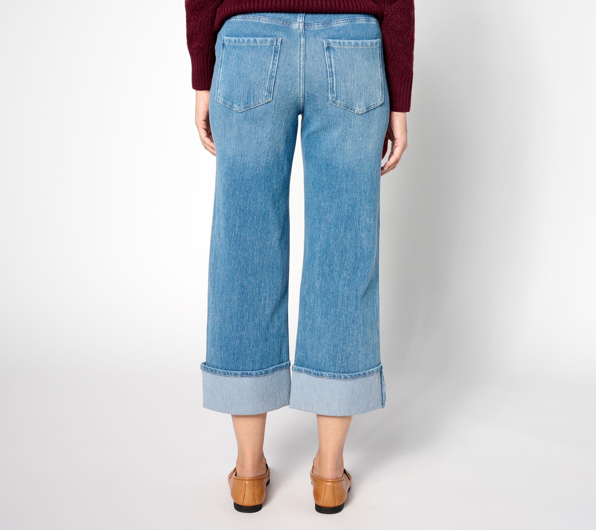 Isaac Mizrahi Live! Knit Denim Wide-Leg Cuffed Crop Jeans - QVC.com