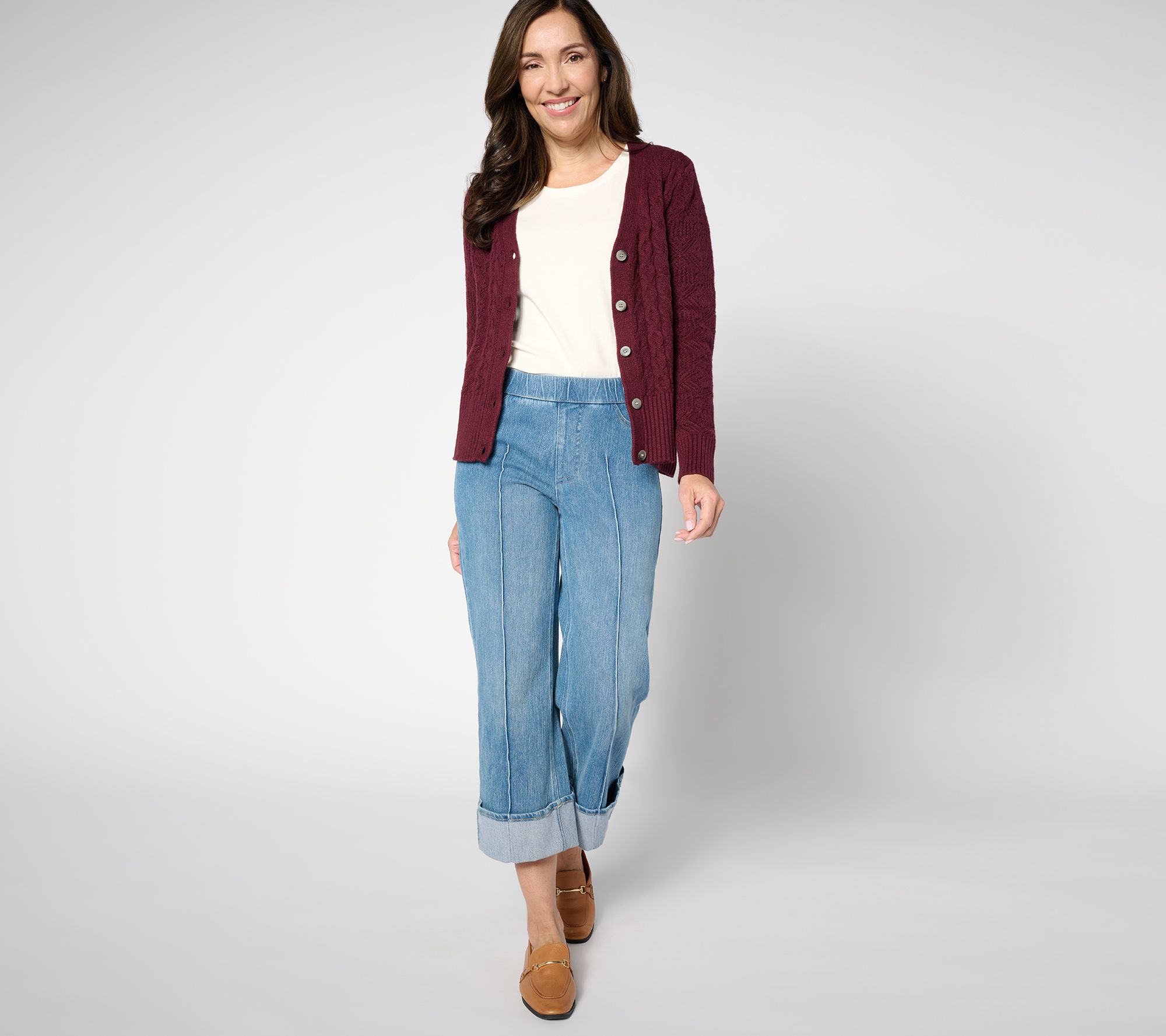 Isaac Mizrahi Live! Knit Denim Wide-Leg Cuffed Crop Jeans - QVC.com