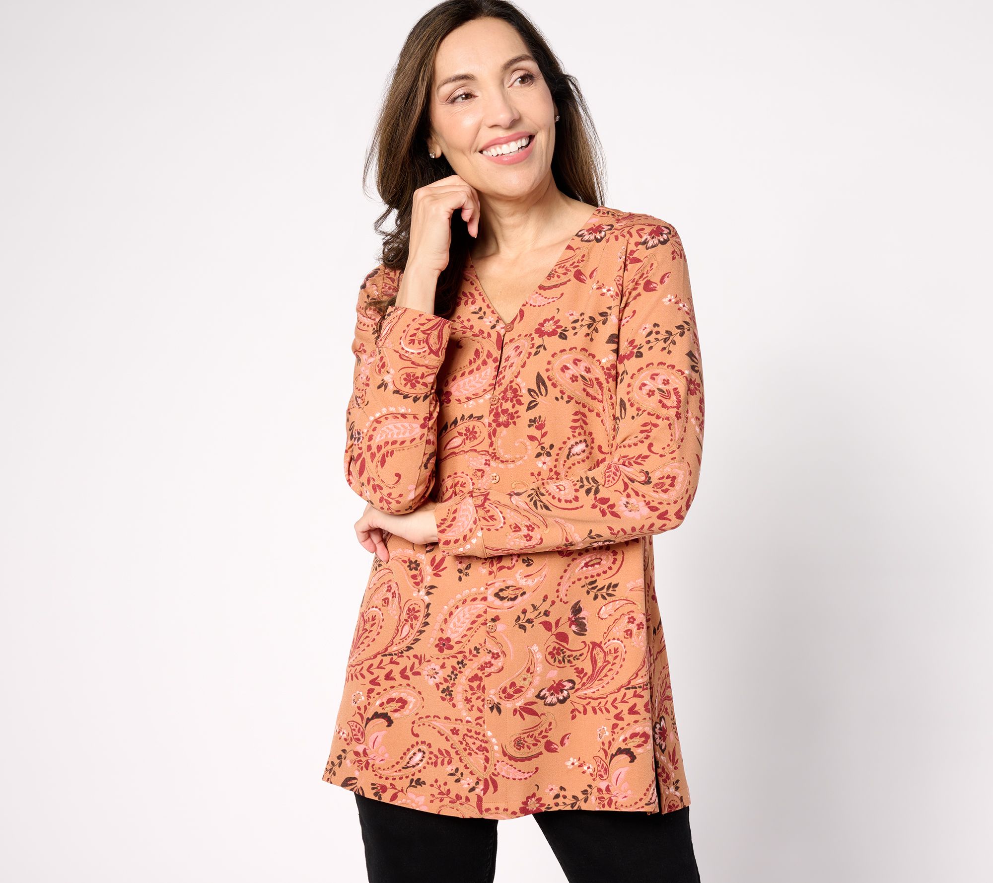 "As Is" Denim & Co. Printed Tunic with Button Front Detail - QVC.com