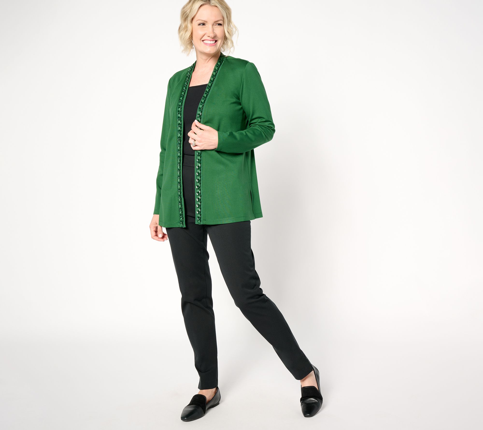 GRAVER Susan Graver Sleek Essentials Ponte Cardigan with Chain - QVC.com