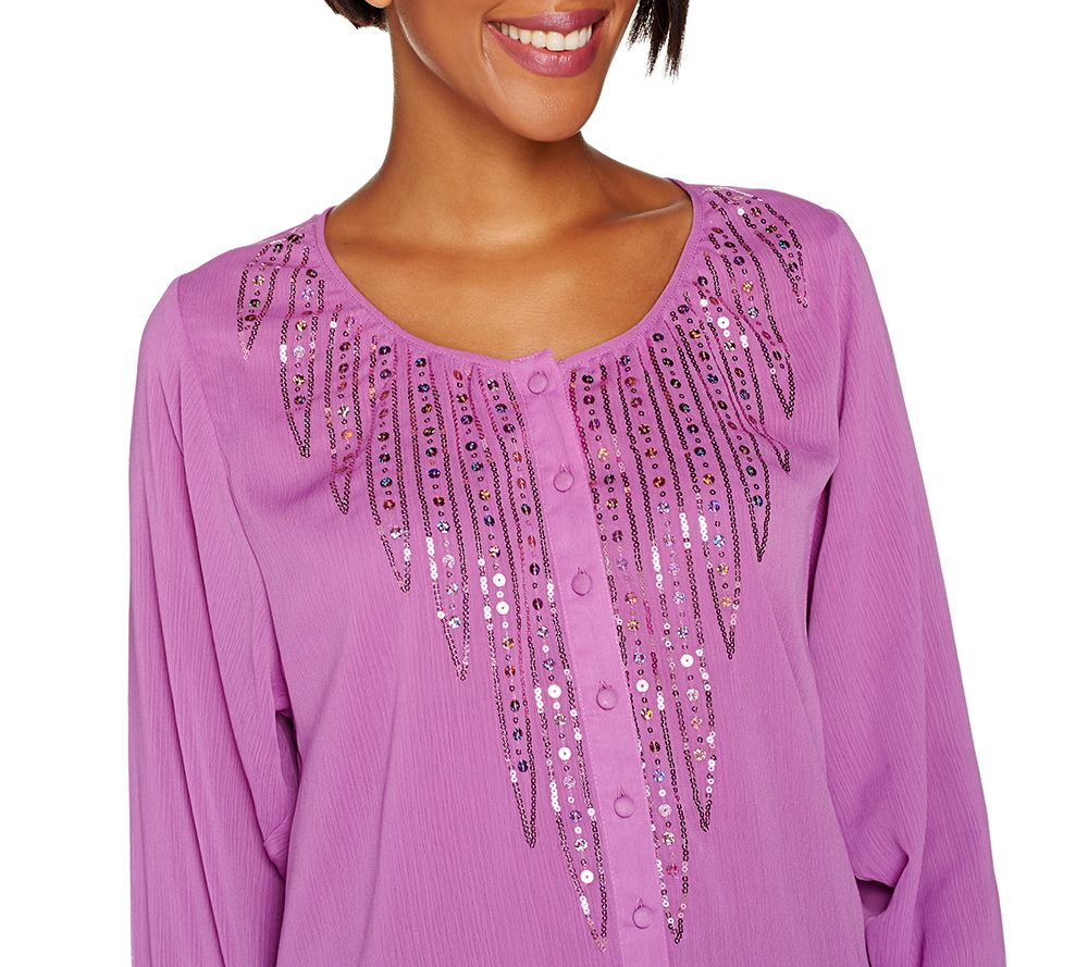 "As Is" Bob Mackie's Scoopneck Sequin Feather Crinkle Blouse - QVC.com