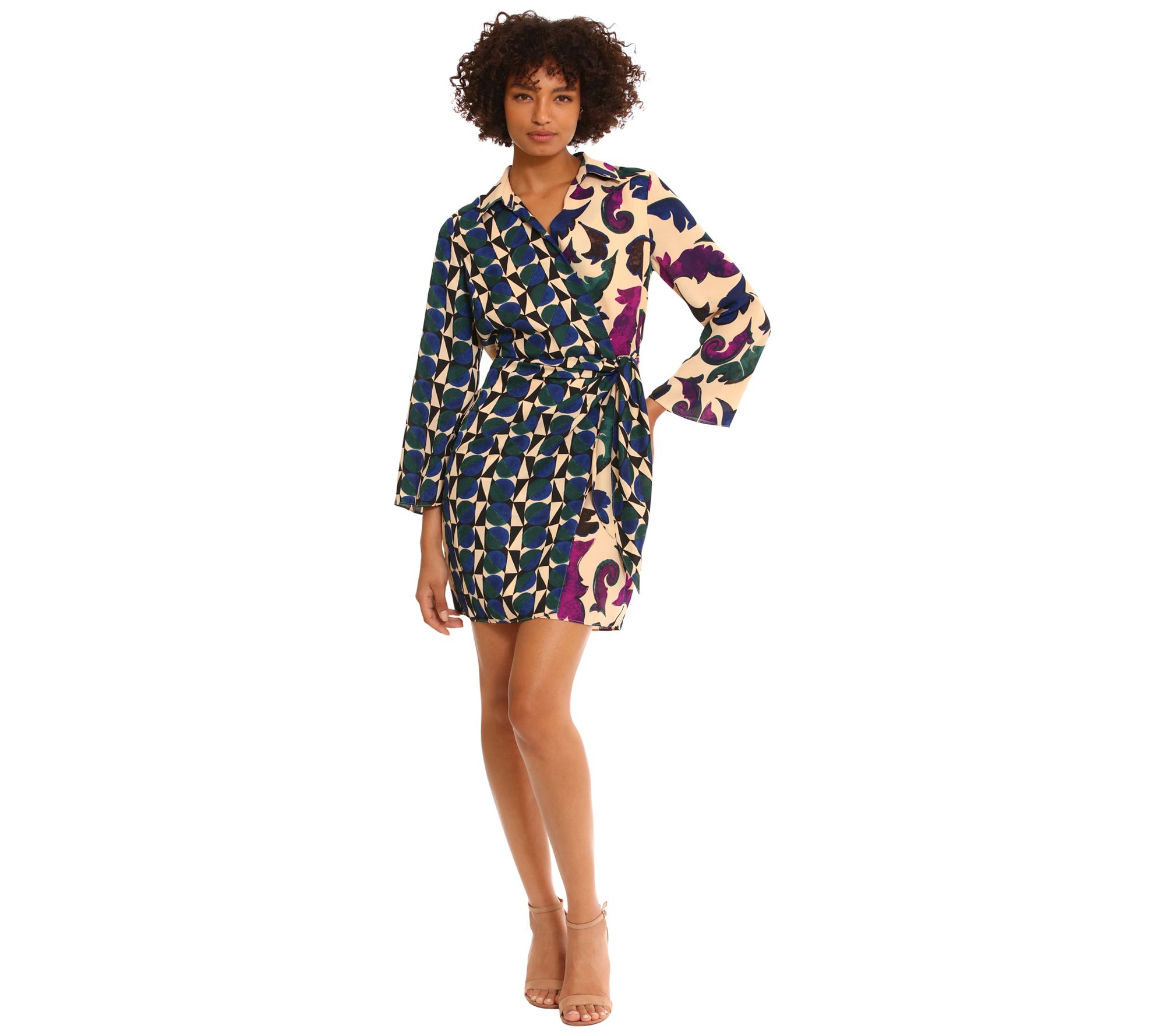 Donna Morgan Mixed Print Long-Sleeve Georgetterap Dress - QVC.com