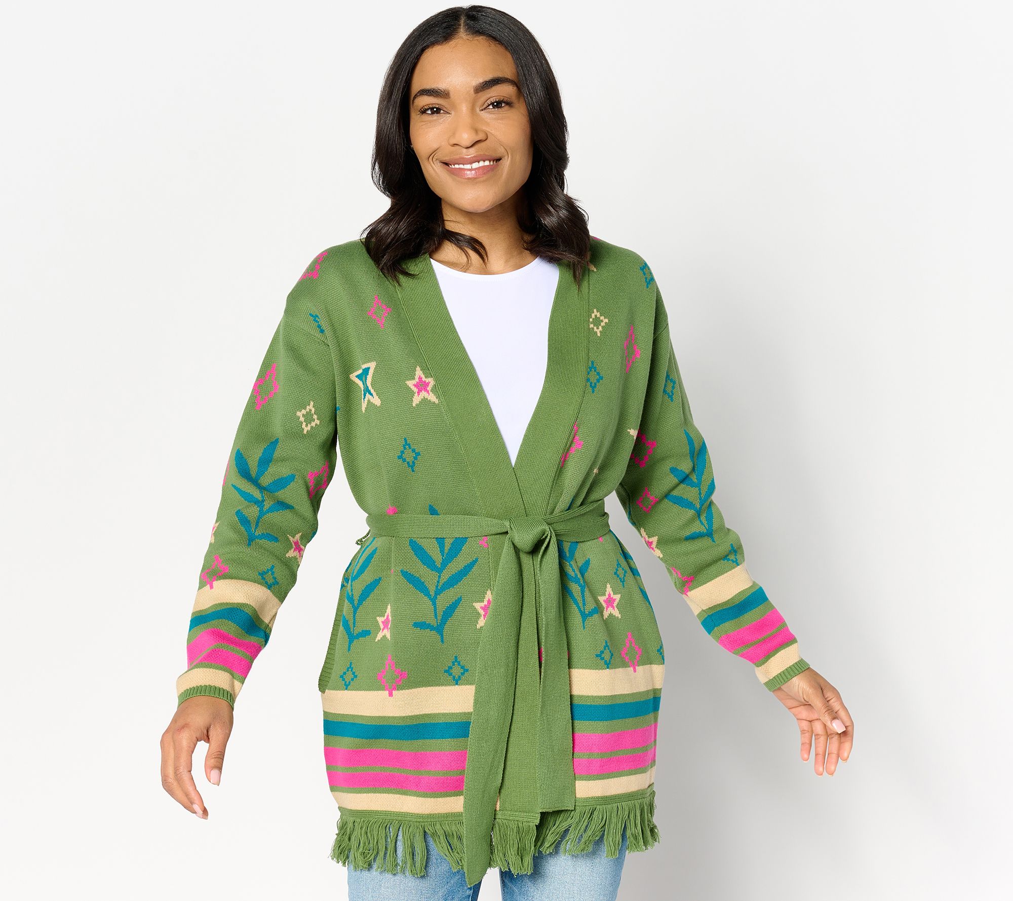 "As Is" Denim & Co. Canyon Retreat Wrap Front Fringe Sweater - QVC.com