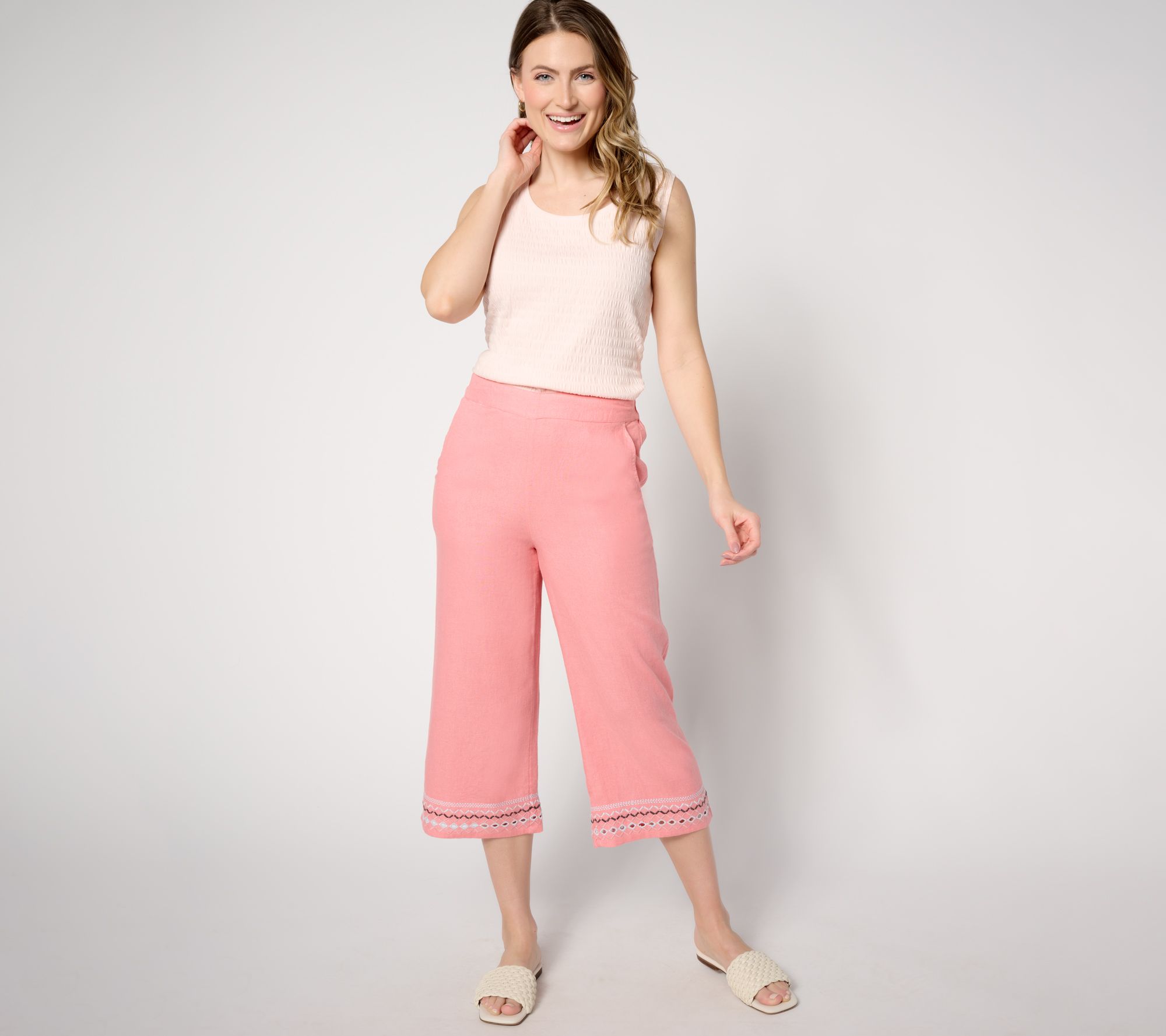 "As Is" Denim & Co. Naturals Reg Linen Blend Embroidered Capri Pant ...