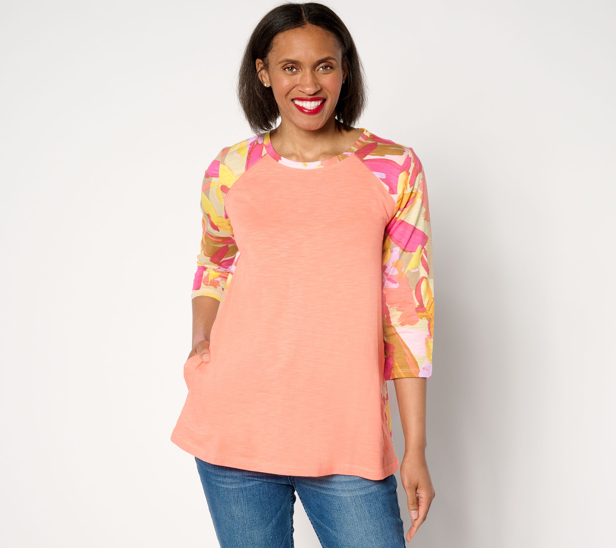 "As Is" LOGO by Lori Goldstein Cotton Slub Print Mix Swing Top - QVC.com