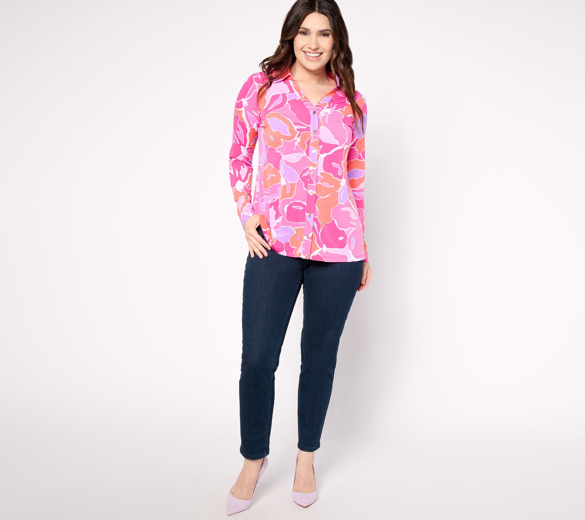 "As Is" Susan Graver Passport Printed Liquid Knit A-Line Shirt - QVC.com