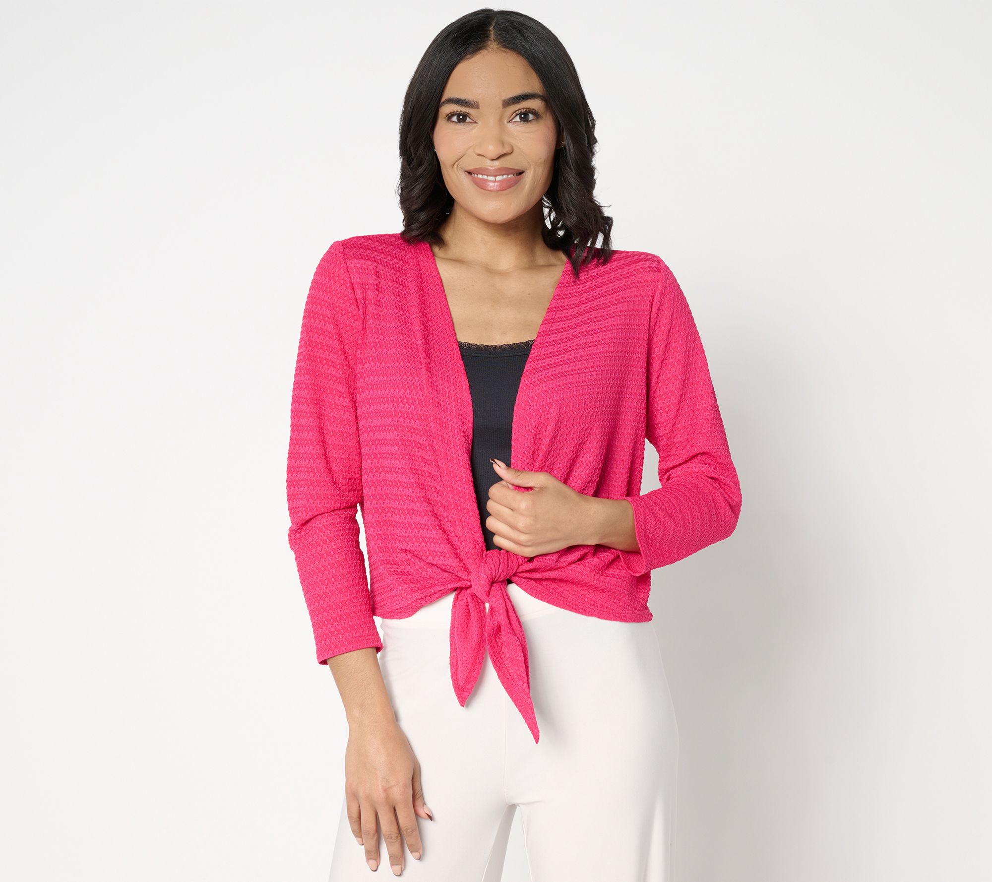 "As Is" Susan Graver Textured Knit Tie Front 3/4 Sleeve Shrug - QVC.com