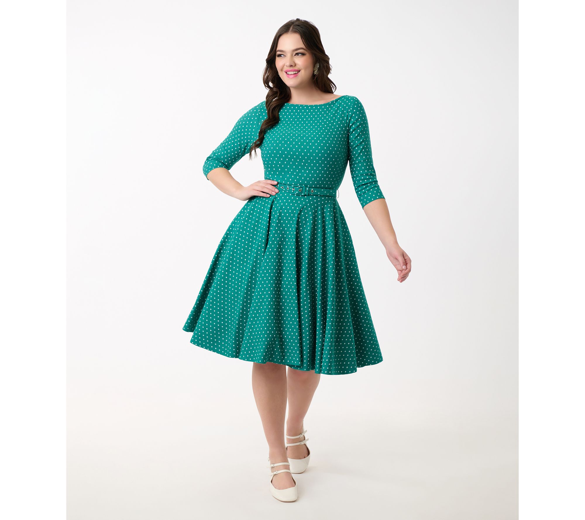 Unique Vintage Teal & White Pin Dot Devon SwingDress - QVC.com