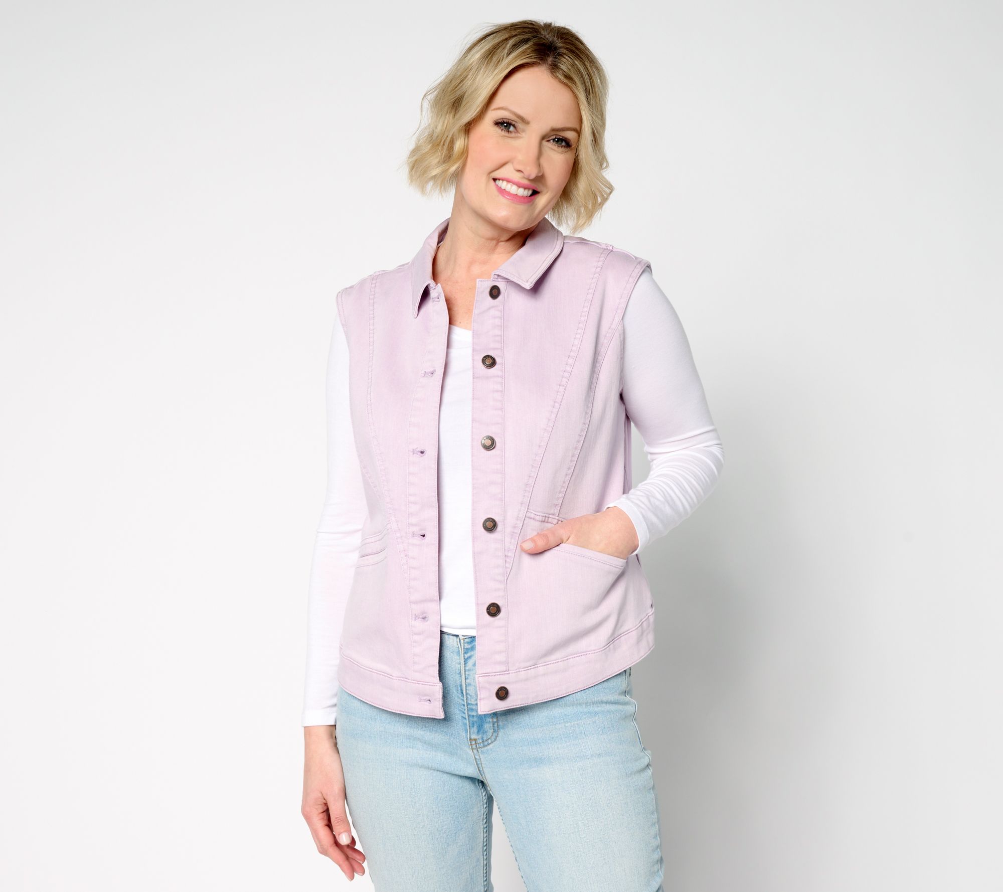 AnyBody Washed Colored Denim Vest with Pitched Back - QVC.com