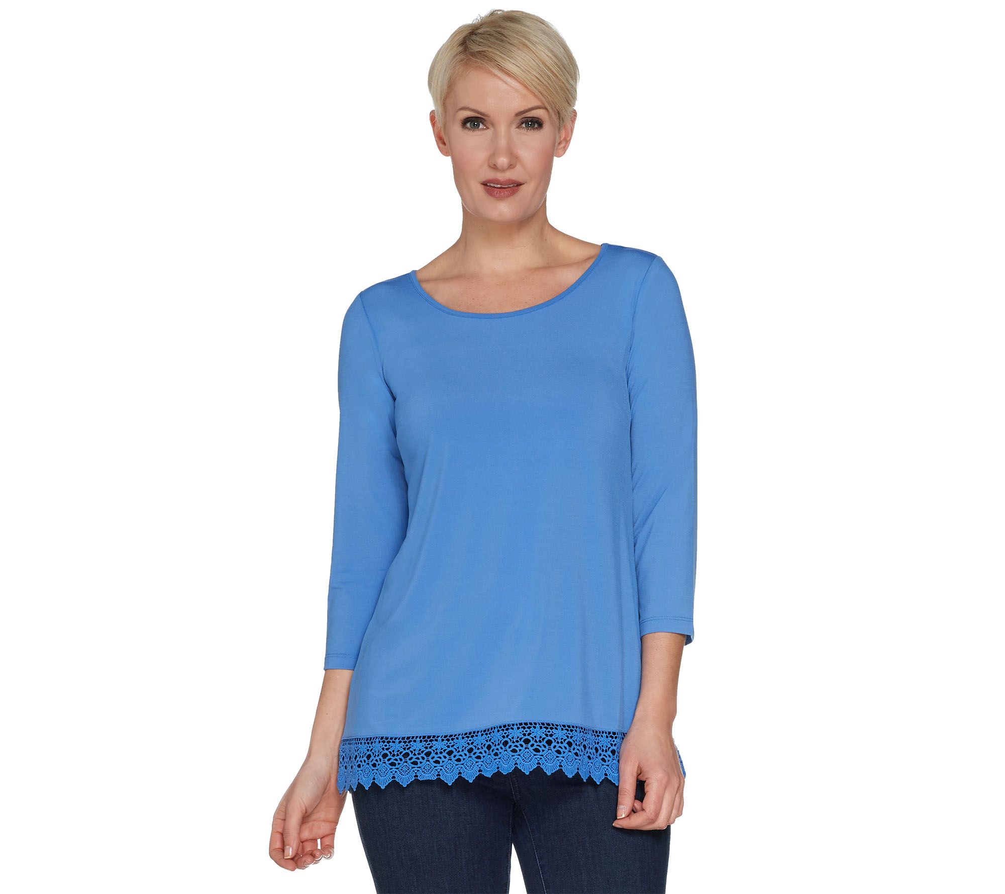 Joan Rivers 3/4 Sleeve Knit Top with Crochet Trim - QVC.com