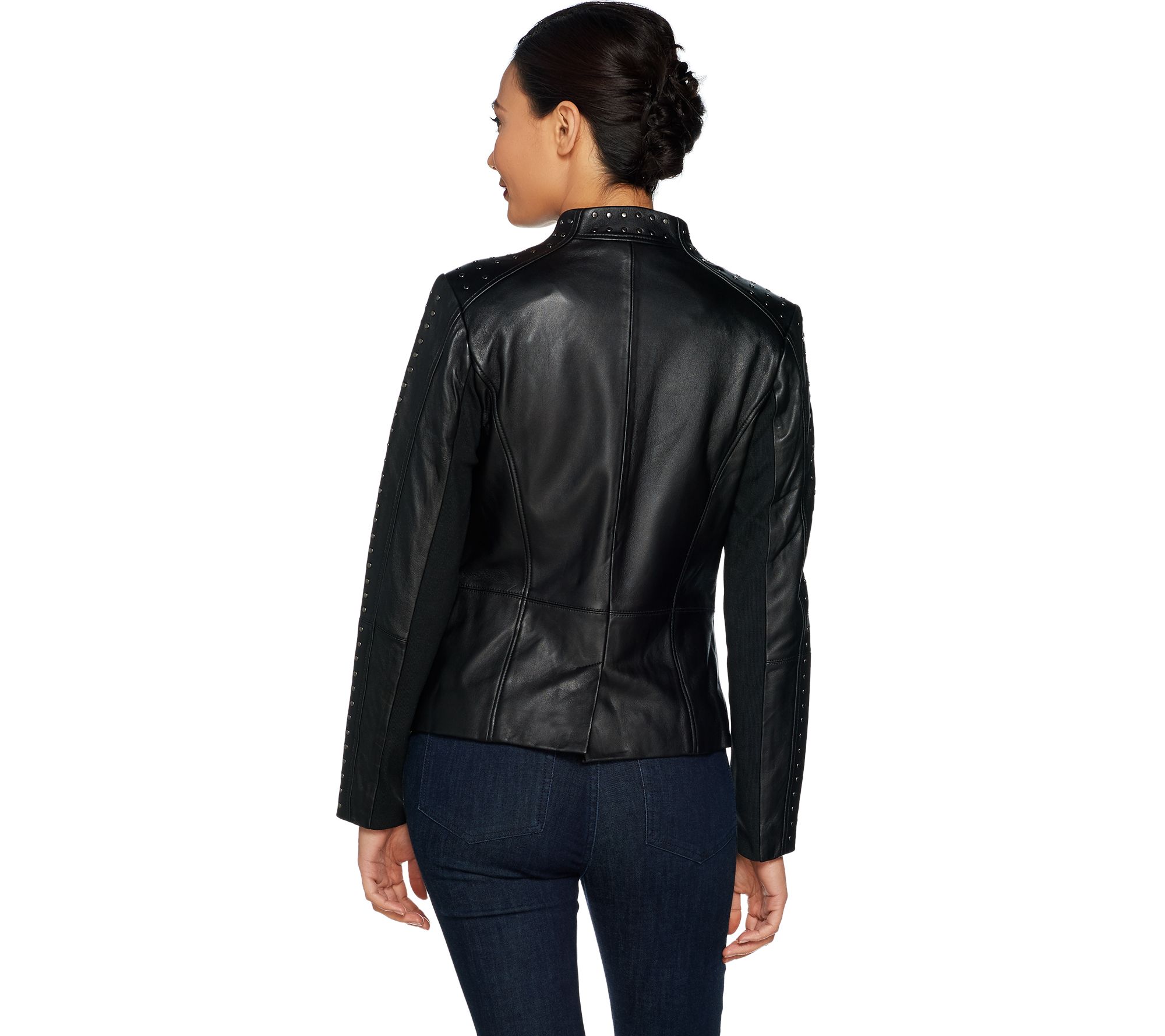 "As Is" H by Halston Lamb Leather Studded Motorcycle Jacket - QVC.com