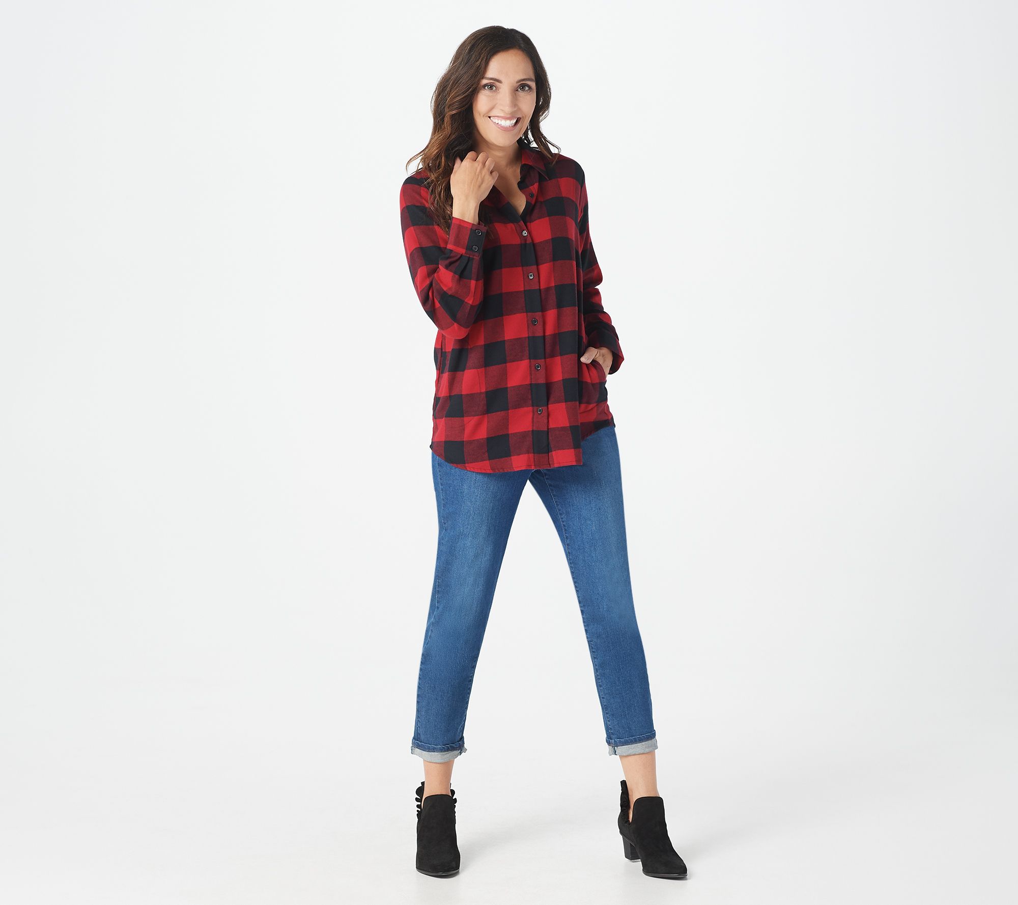 "As Is" Joan Rivers Brushed Flannel Buffalo Check Boyfriend Shirt - QVC.com