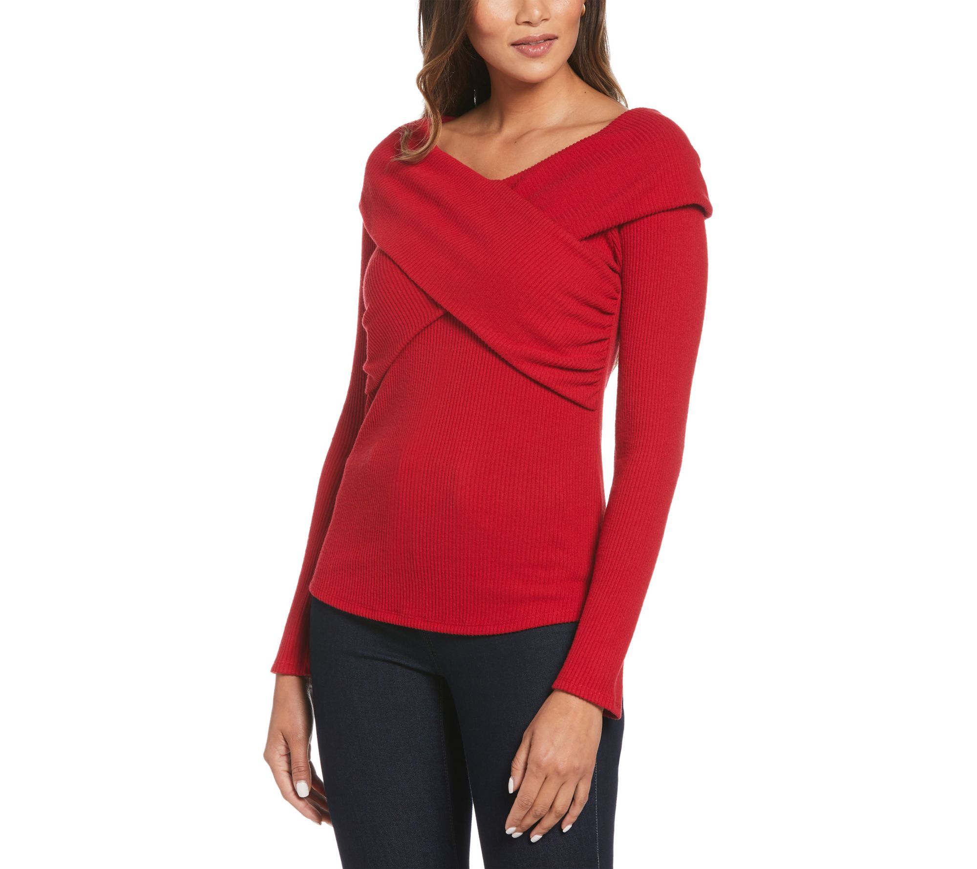 Ella Rafaella Ribbed Crossover Long-Sleeve Top - QVC.com