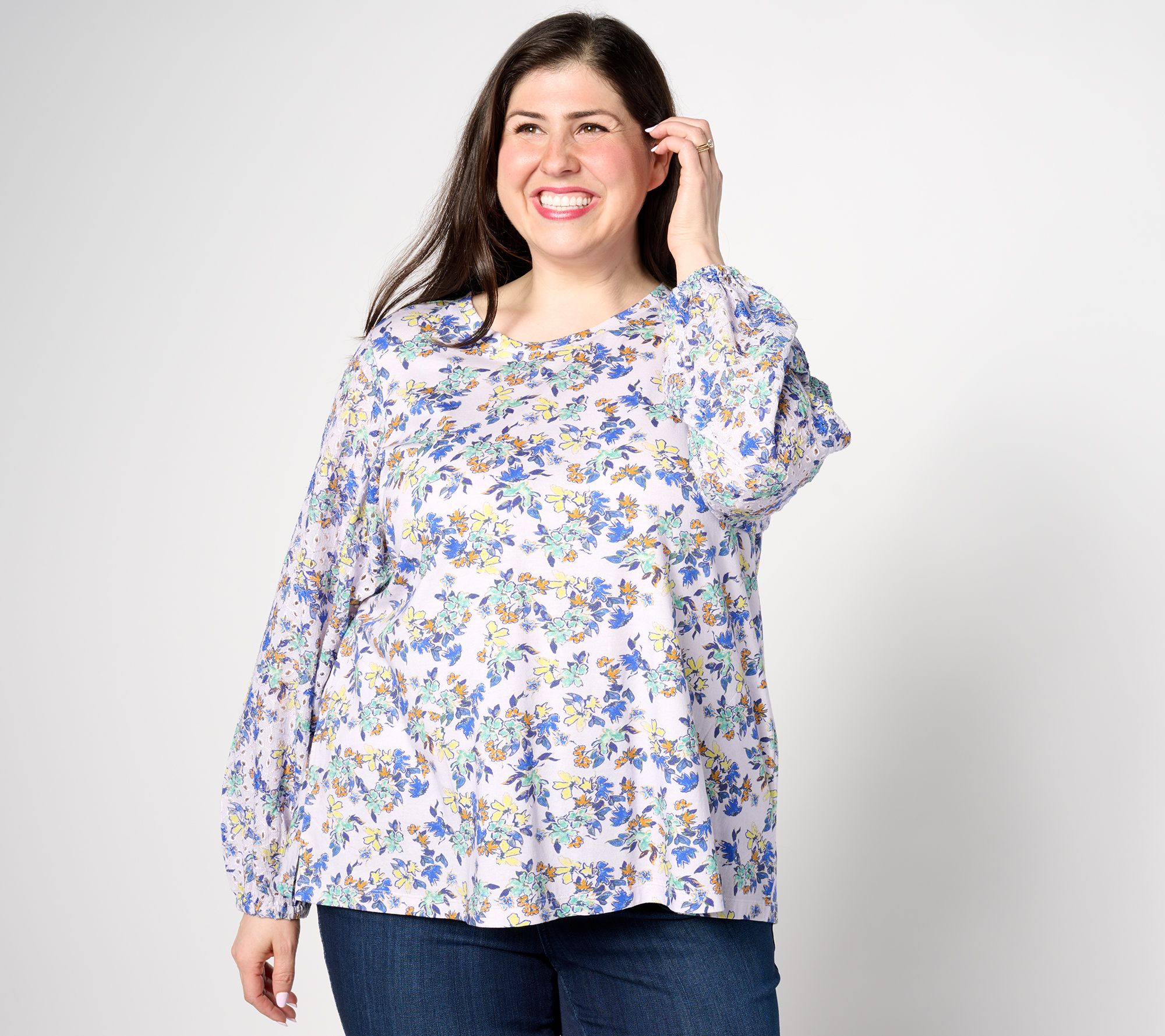 "As Is" LOGO by Lori Goldstein Long Sleeve Printed Eyelet Mix Top - QVC.com