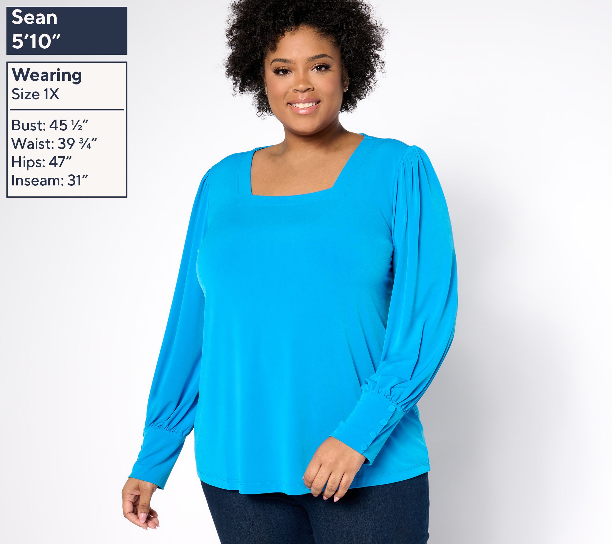 Susan Graver Liquid Knit Blouson-Sleeve Top with Button Cuff Detail ...