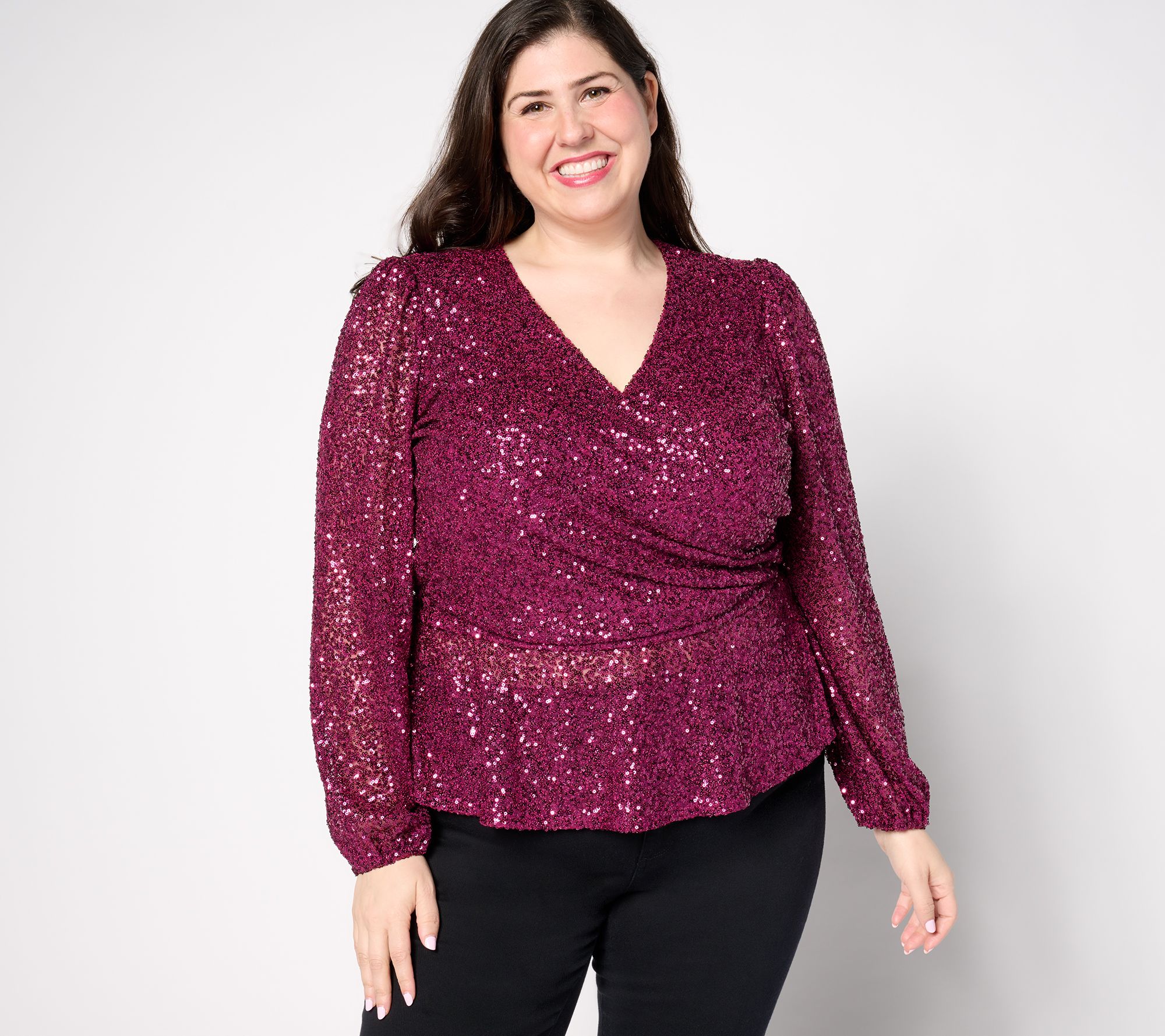 "As Is" Susan Graver Occasions Sequin Faux Wrap Top - QVC.com