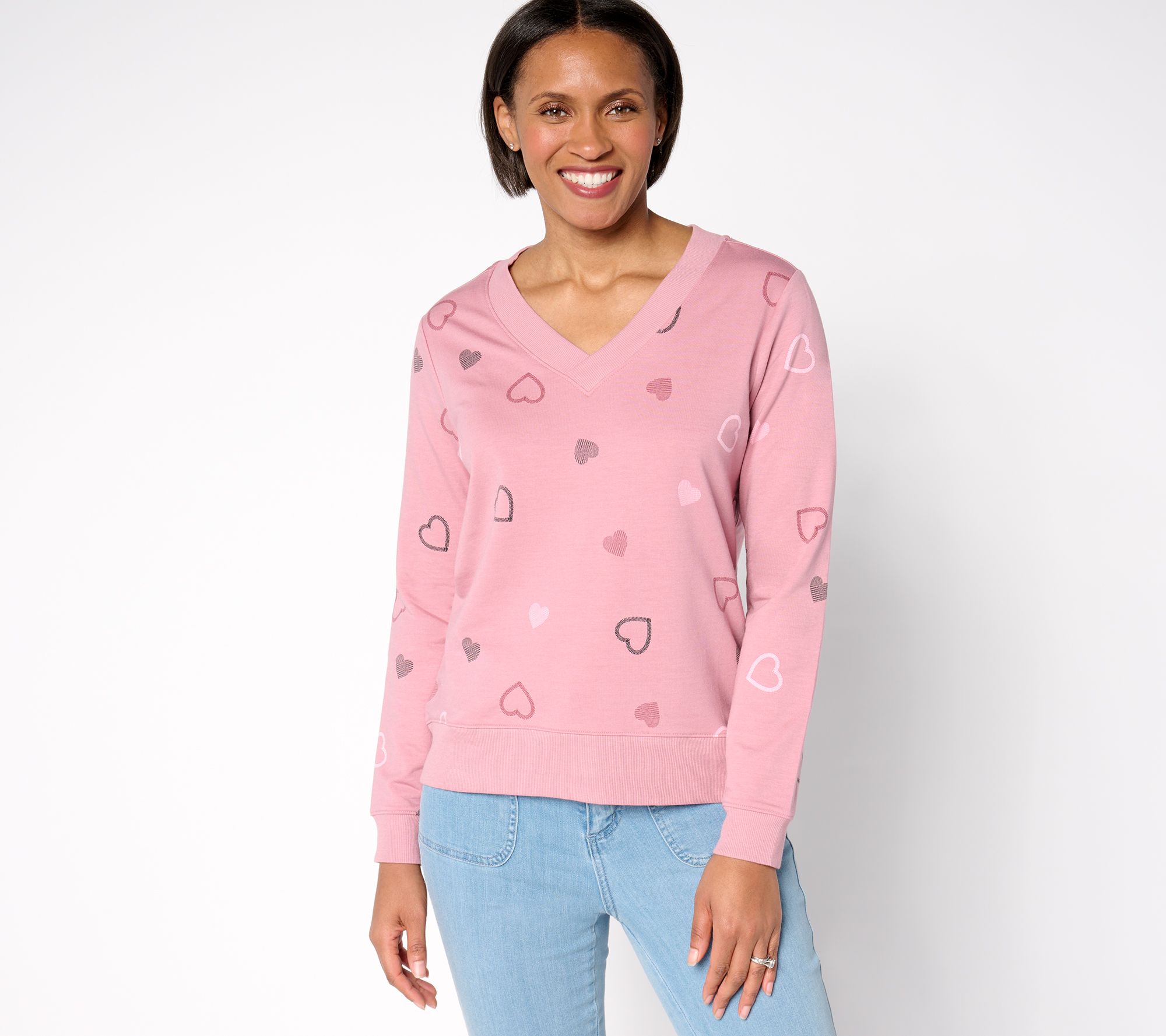 "As Is" AnyBody Cozy Knit French Terry Heart Printed Pullover - QVC.com