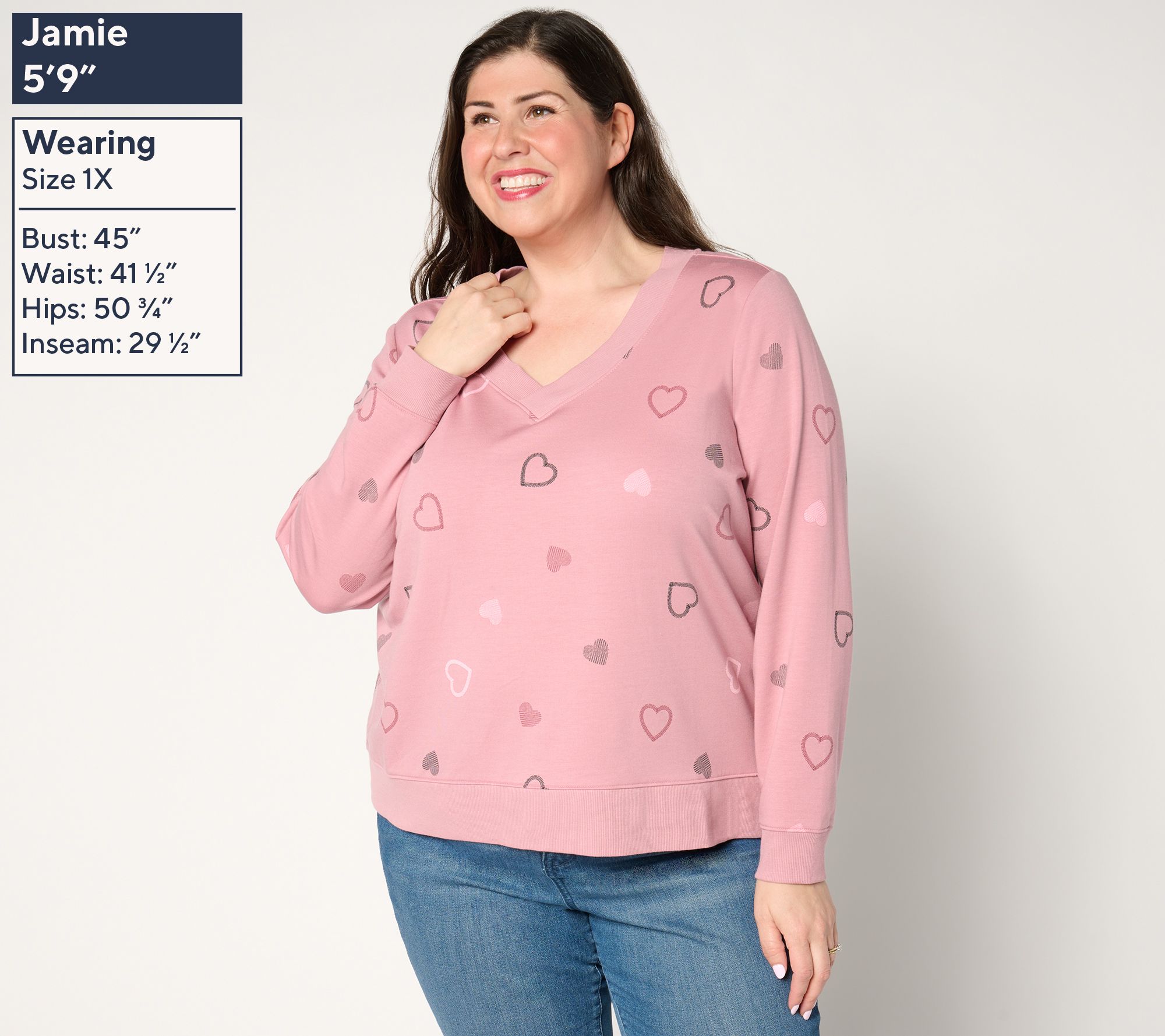 "As Is" AnyBody Cozy Knit French Terry Heart Printed Pullover - QVC.com