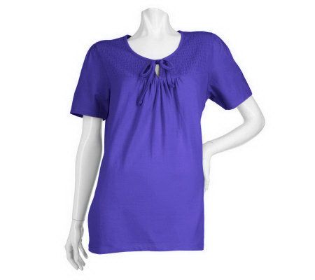 Denim & Co. Short Sleeve Keyhole Knit Top with Smocking Detail - QVC.com