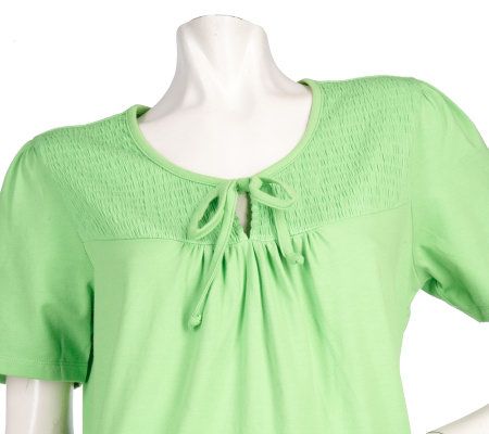 Denim & Co. Short Sleeve Keyhole Knit Top with Smocking Detail - QVC.com
