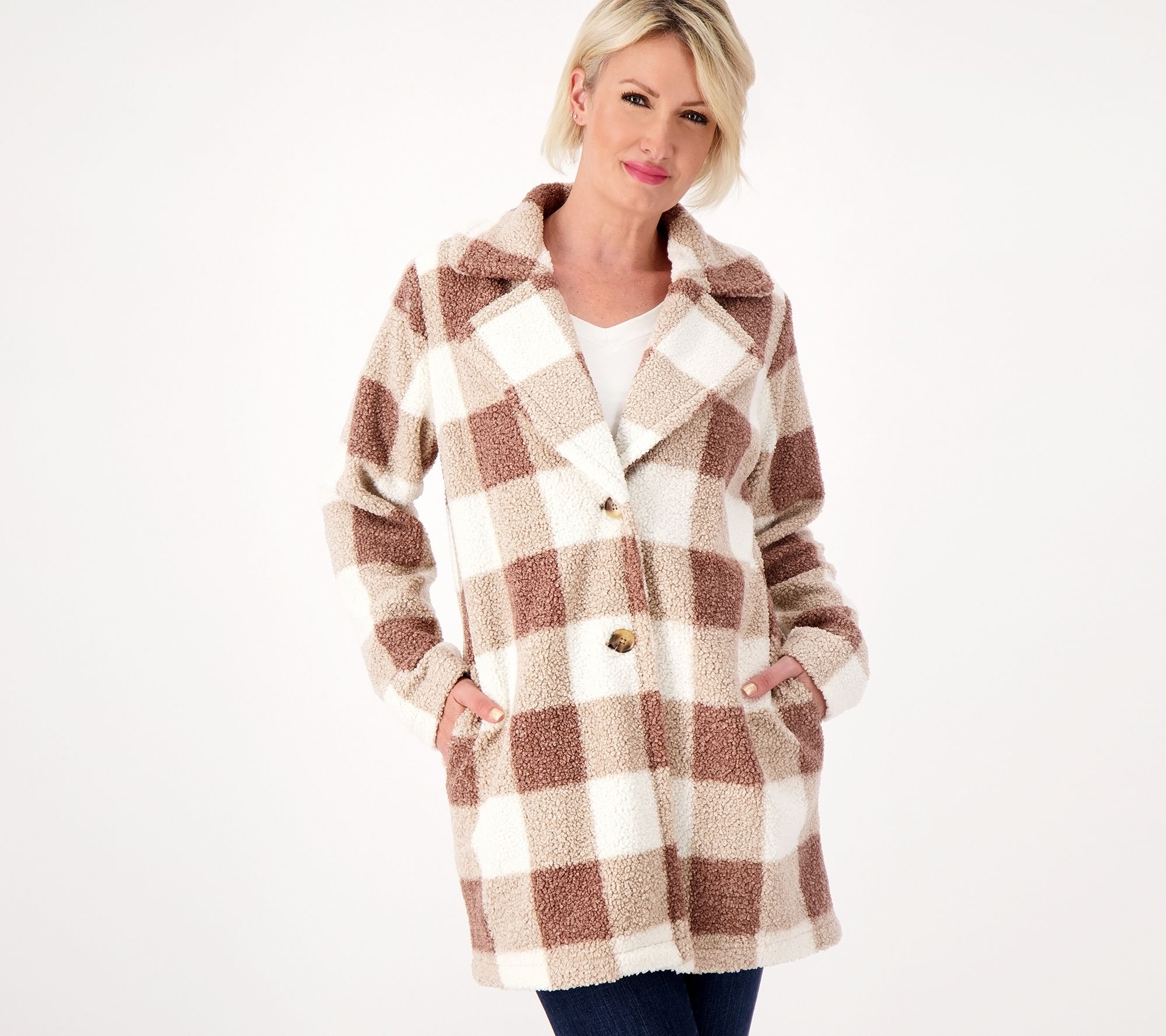 "As Is" Joan Rivers Petite Buffalo Check Sherpa Teddy Coat - QVC.com