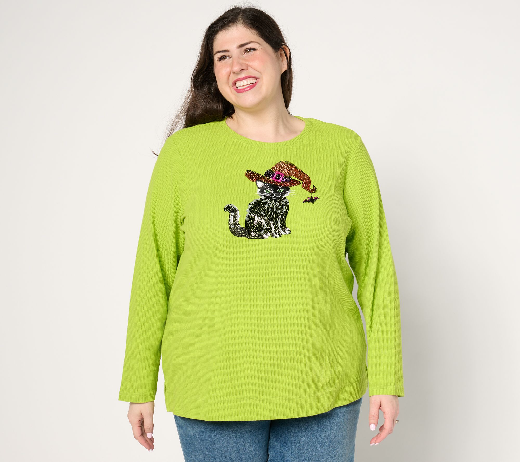 "As Is" Quacker Factory If the Hat Fits Sequin Waffle Knit Top - QVC.com