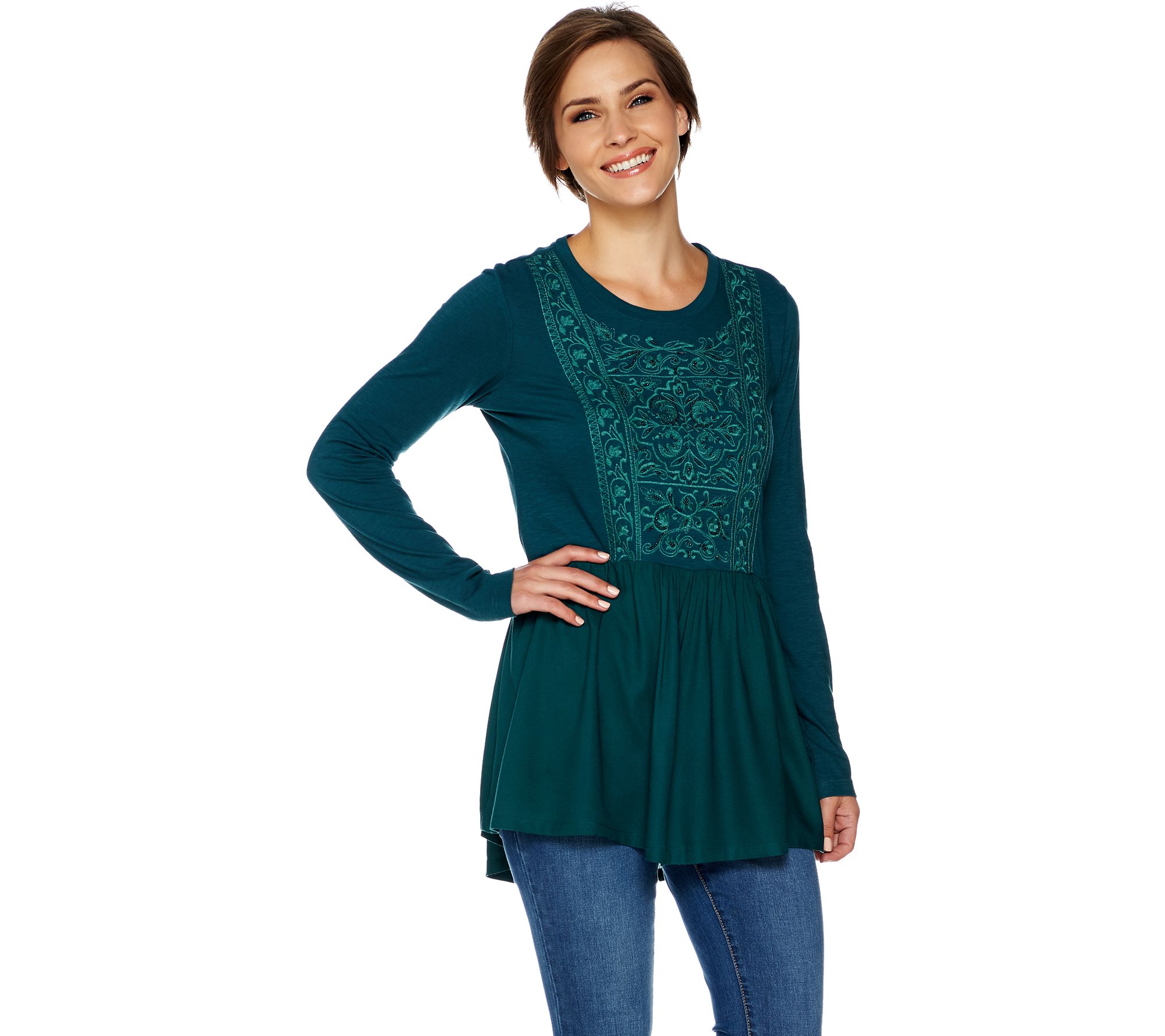 LOGO by Lori Goldstein Embroidered Cotton Slub Peplum Top - QVC.com