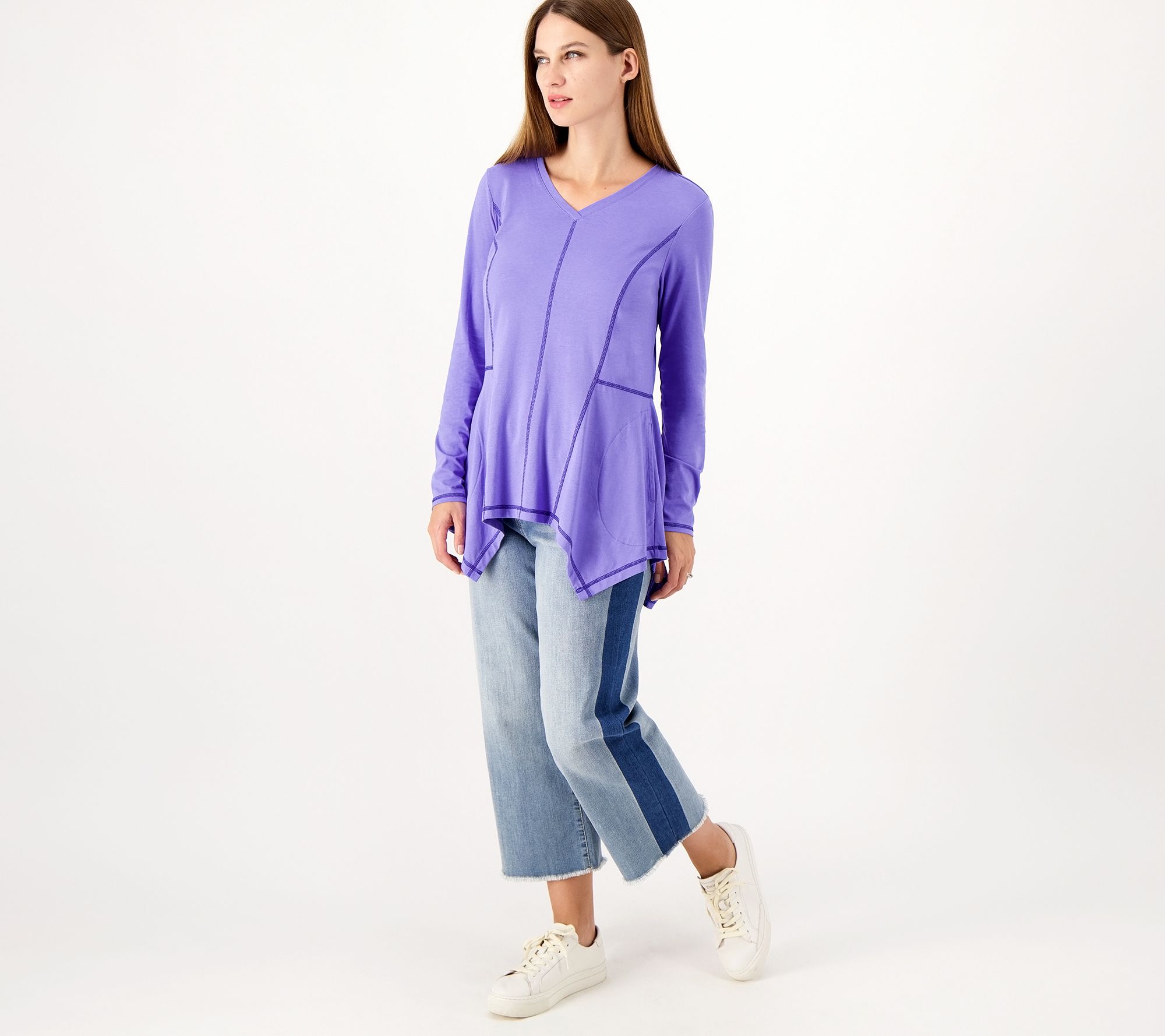 "As Is" LOGO by Lori Goldstein Cotton Modal Seamed V-Neck Top - QVC.com